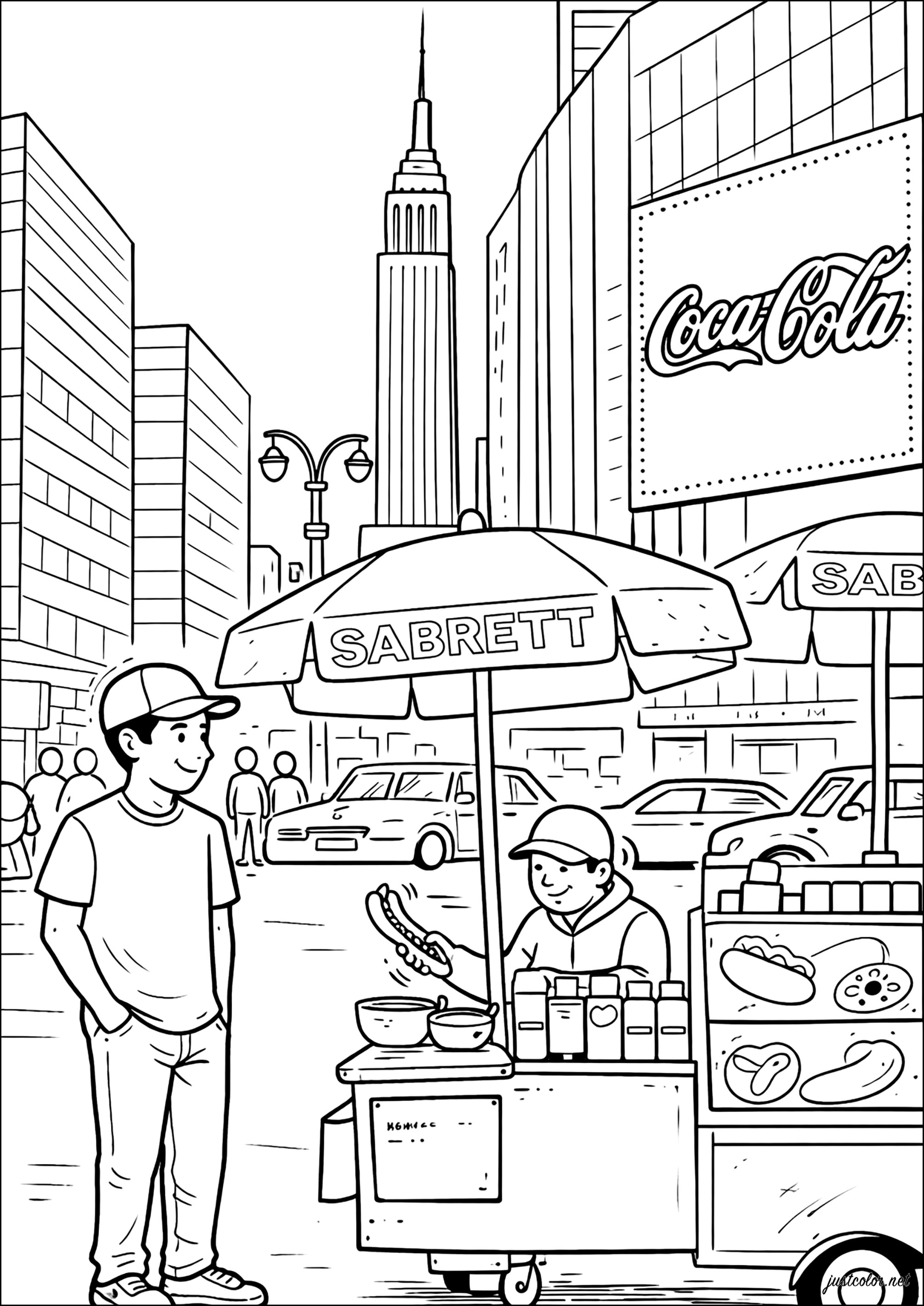Hot-Dog-Verkäufer in New York - Ausmalbilder von Cities zum Ausmalen
