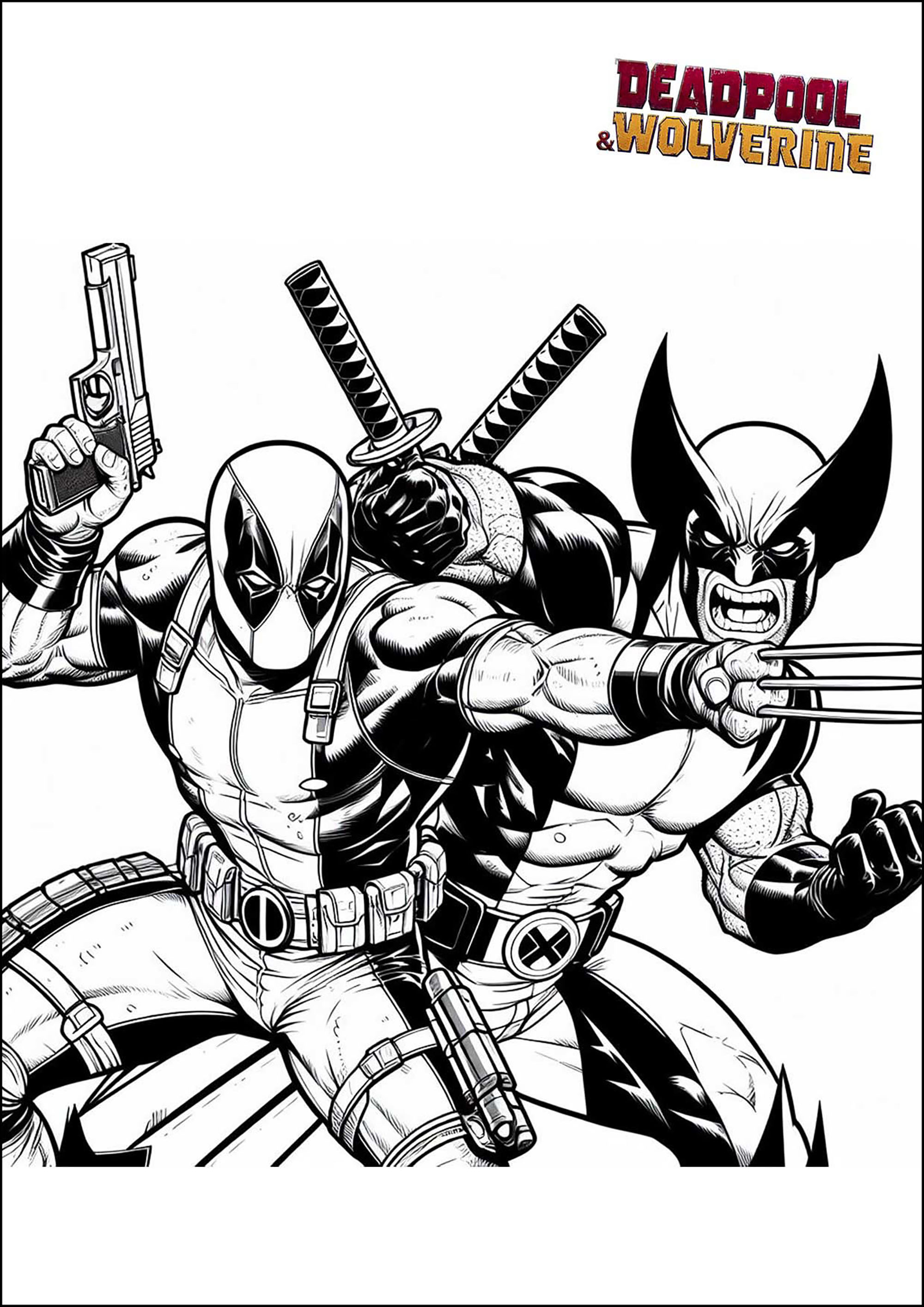 Deadpool und Wolverine: Comic-Stil - Ausmalbilder von Deadpool zum Ausmalen