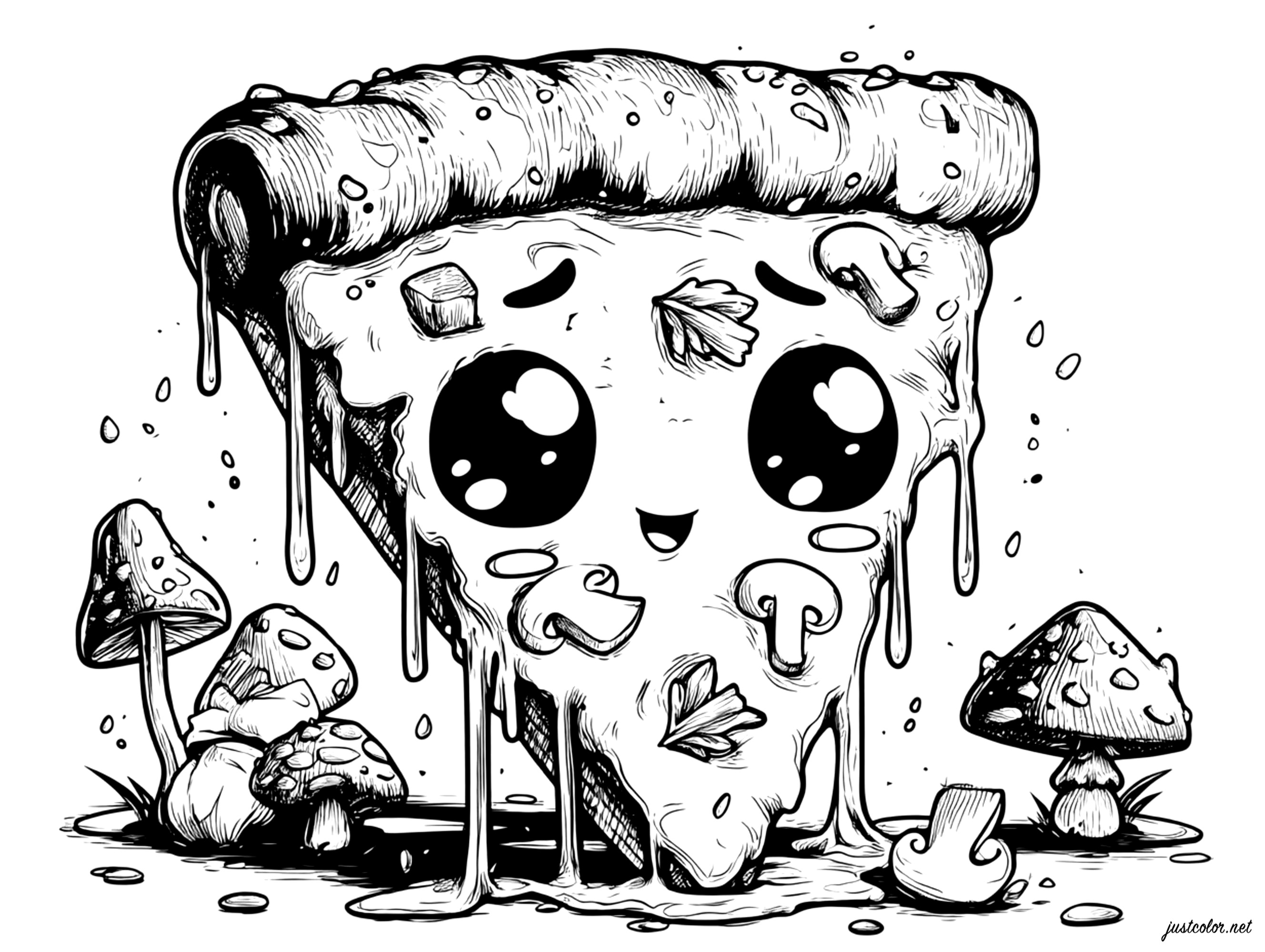 Ein schelmisches und leckeres Stück Pizza (Kawaii-Stil) - Ausmalbilder ...