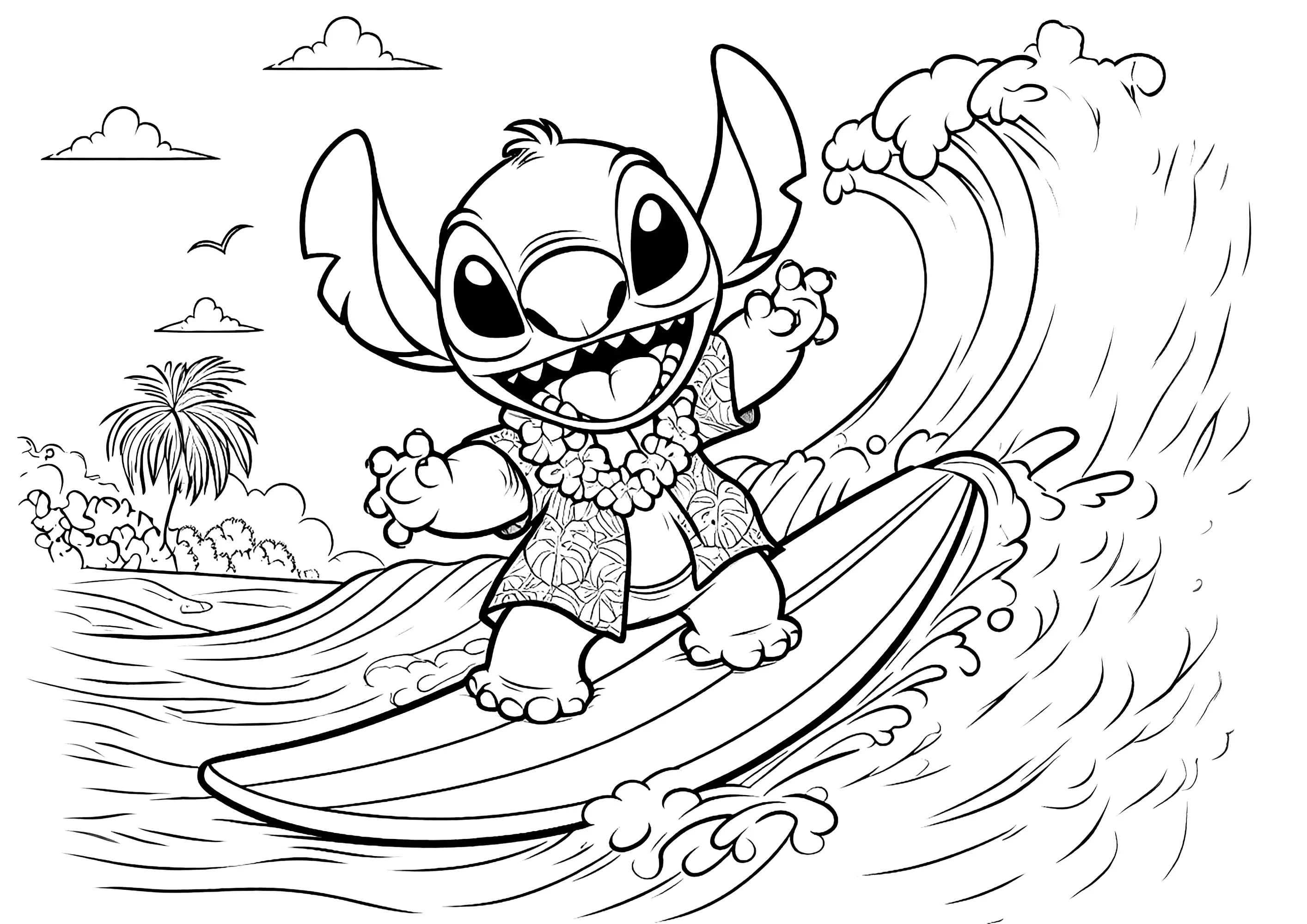 Stitch liebt das Surfen - Ausmalbilder von Lilo und Stitch zum Ausmalen