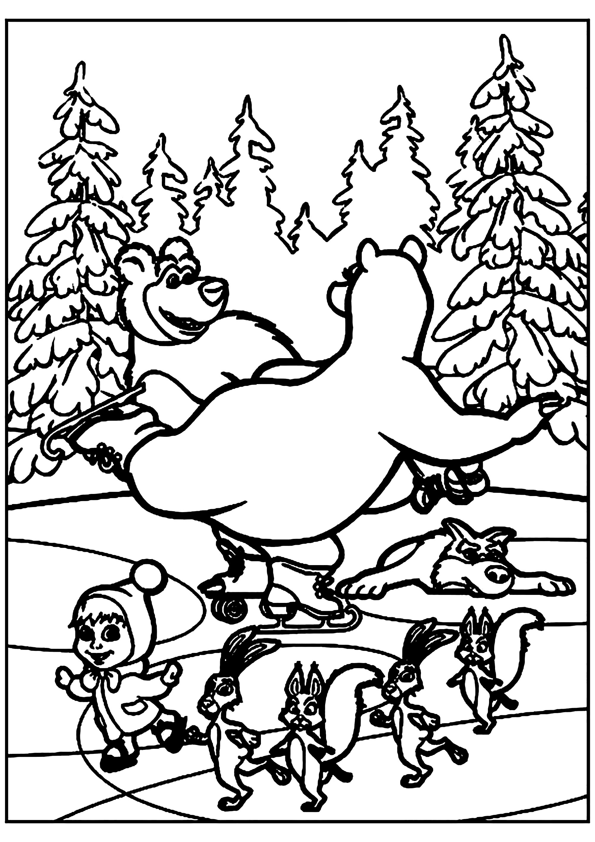 Eislaufen - Ausmalbilder von Macha und der Bär zum Ausmalen