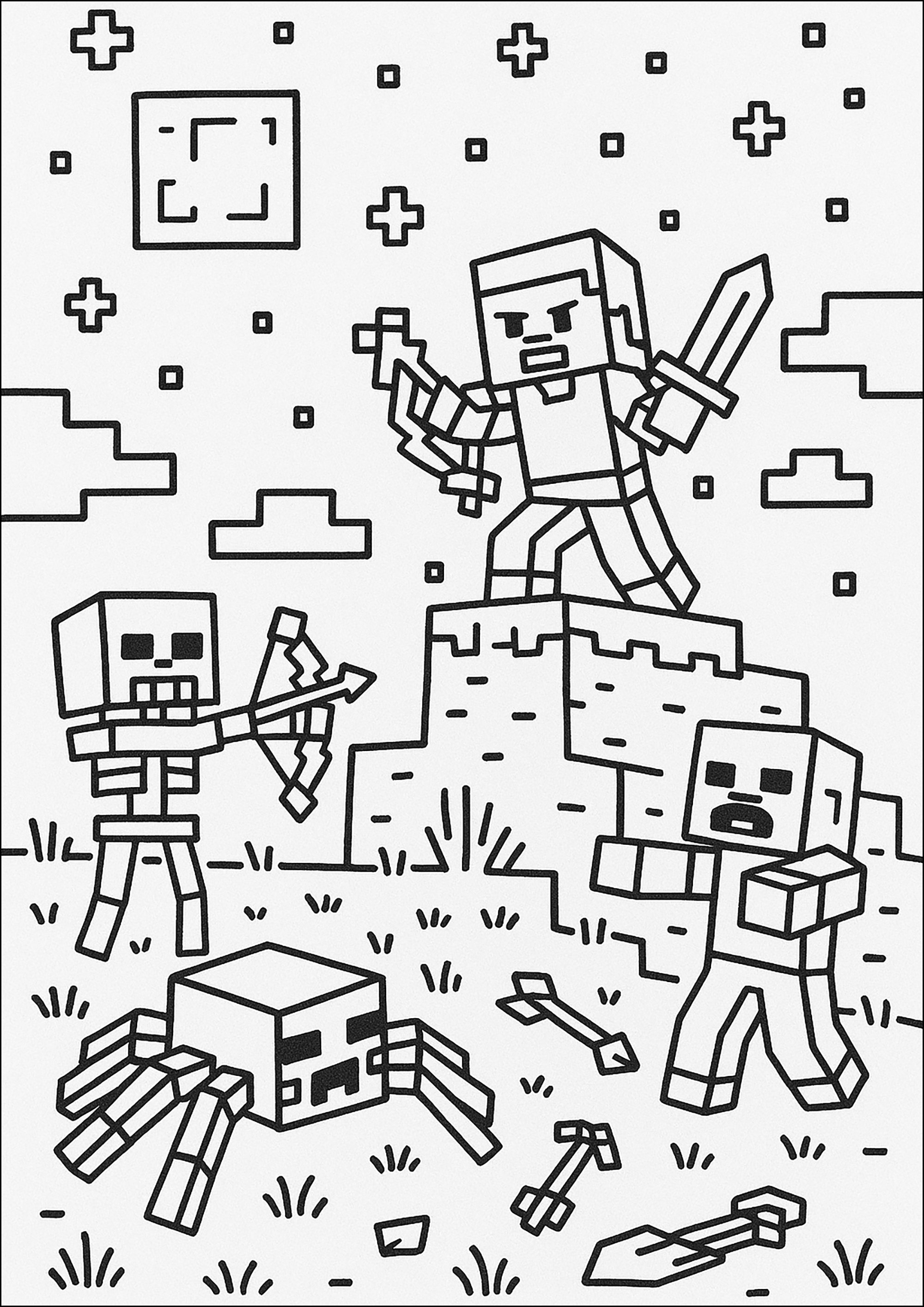 Nächtlicher Kampf gegen Monster - Ausmalbilder von Minecraft zum Ausmalen