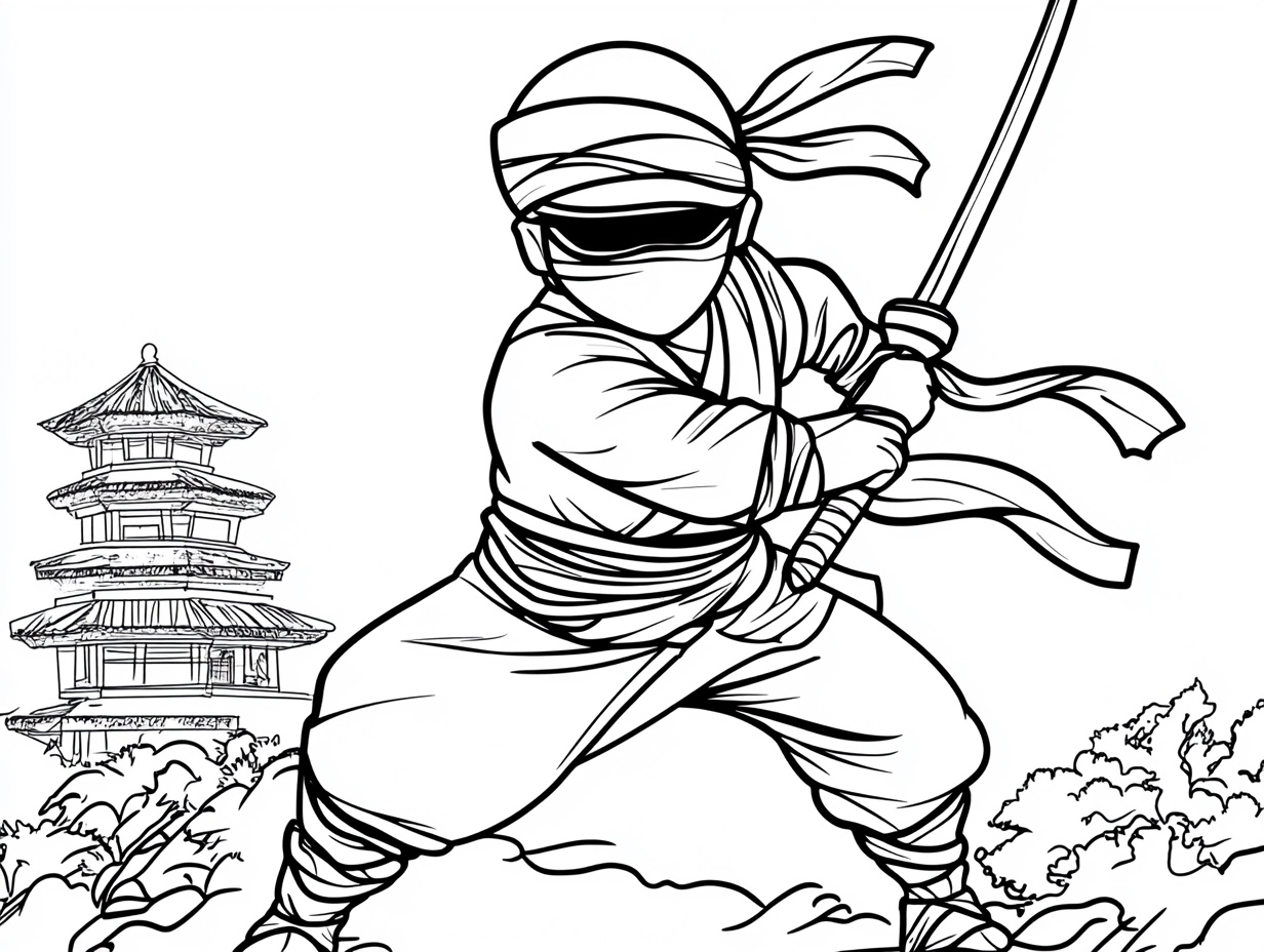 Ninja vor einem japanischen Tempel - Ausmalbilder von Ninja zum Ausmalen