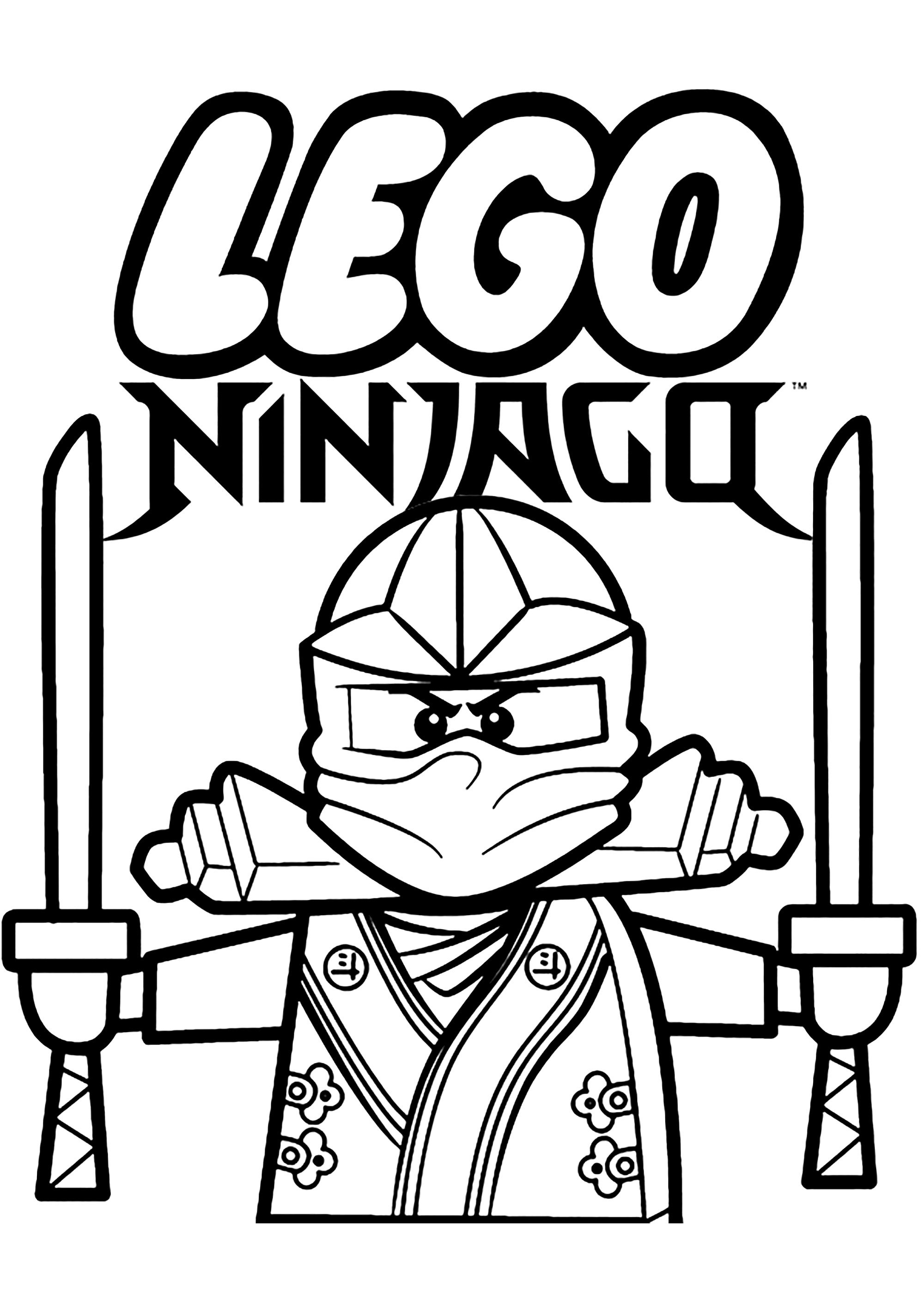 Lego Ninjago: Figur mit zwei Katanas. - Ausmalbilder von Ninjago zum Ausmalen