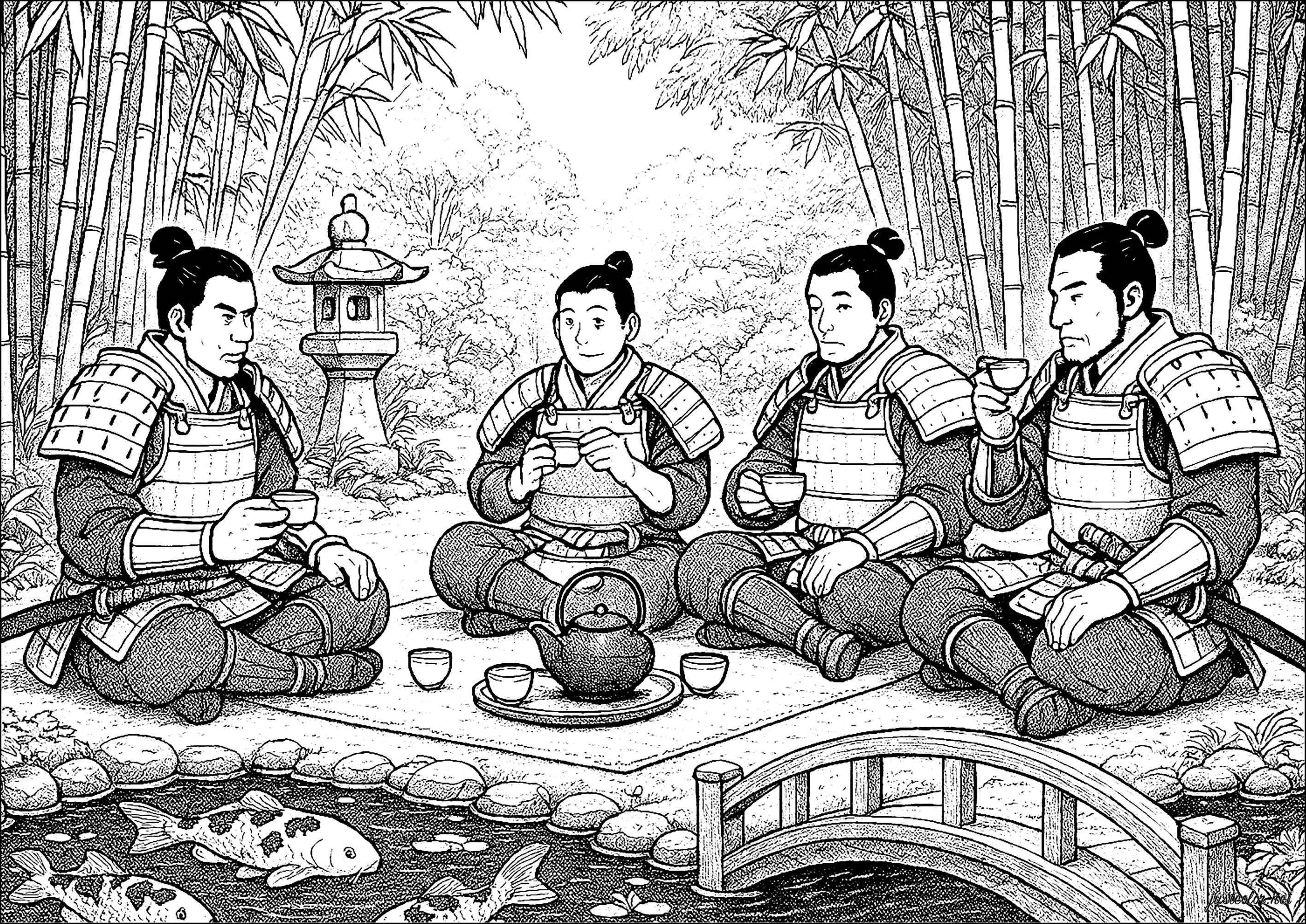 Samurai ruhen sich am Wasser aus - Ausmalbilder von Samurai zum Ausmalen