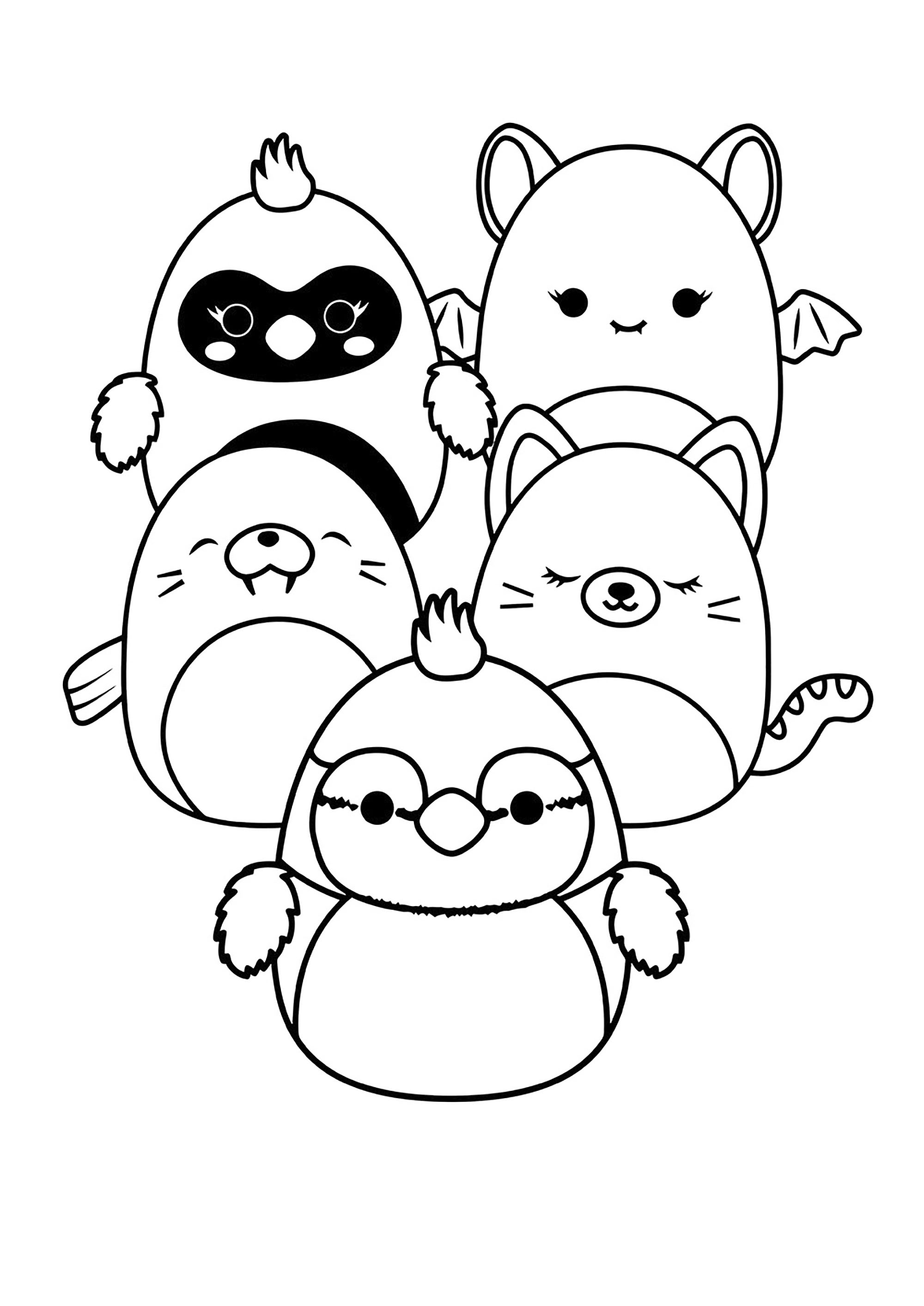 Fünf Squishmallows. - Einfache de Squishmallow Malvorlagen für Kinder