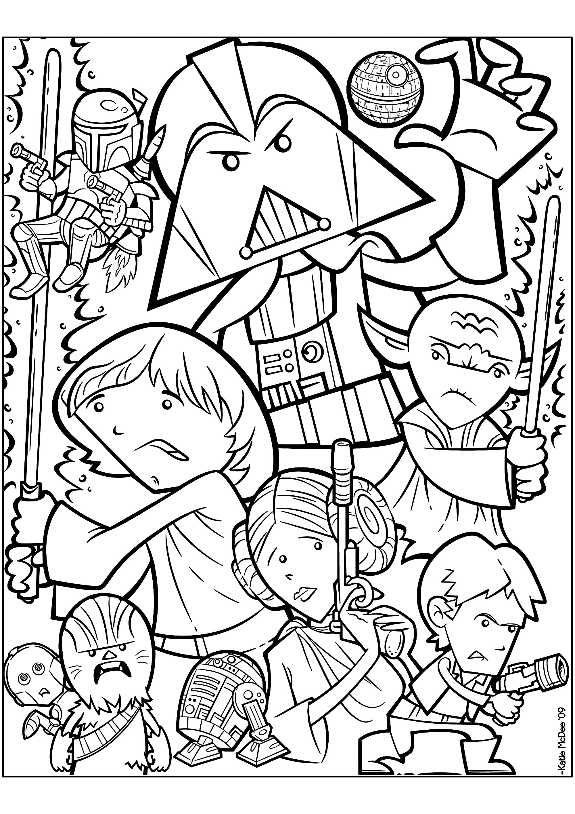 Originalzeichnung mit Darth Vader, Yoda, Luke, Leia, Han Solo ...
