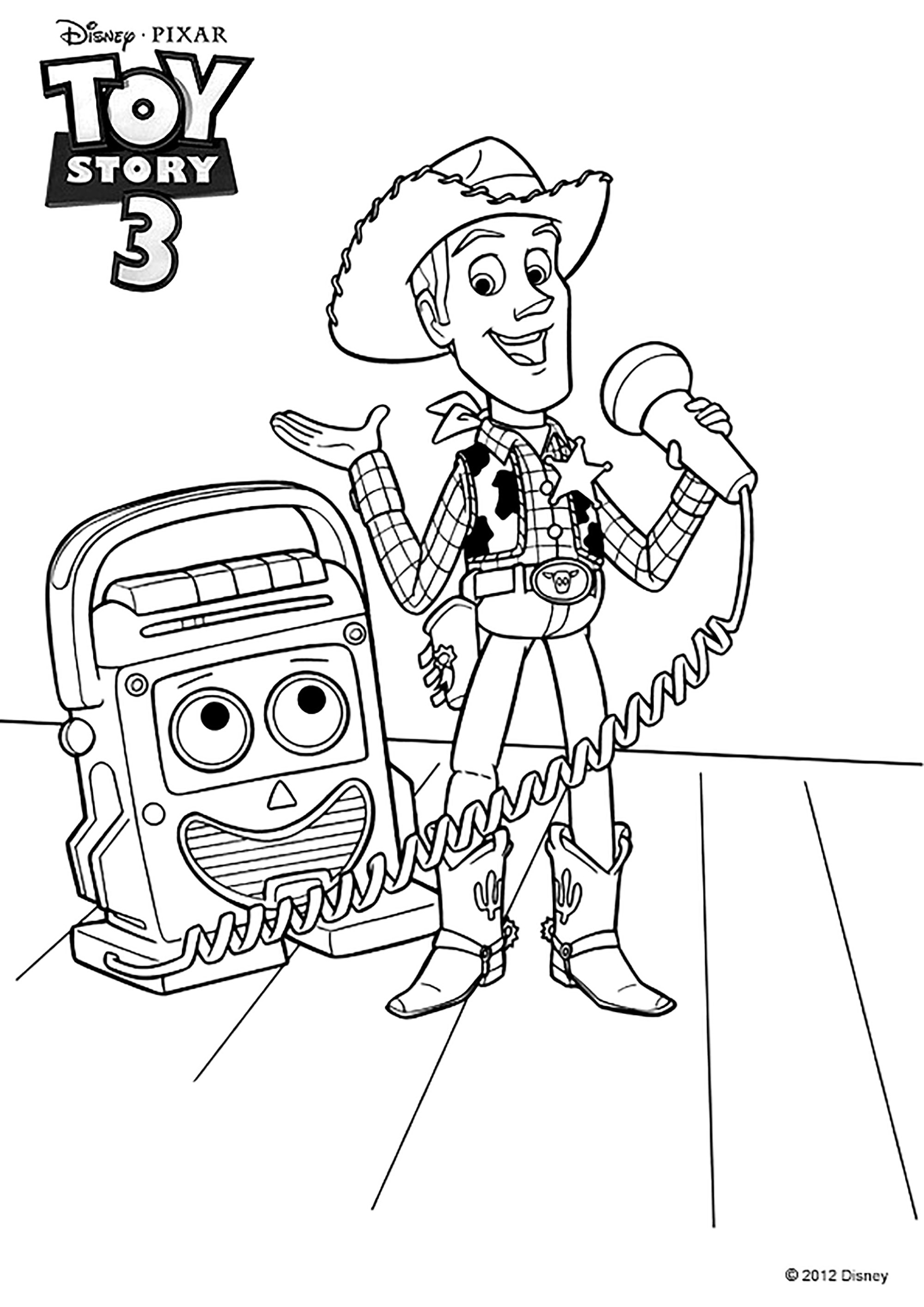 Woody und das Kassettendeck - Ausmalbilder von Toy Story 3 zum Ausmalen