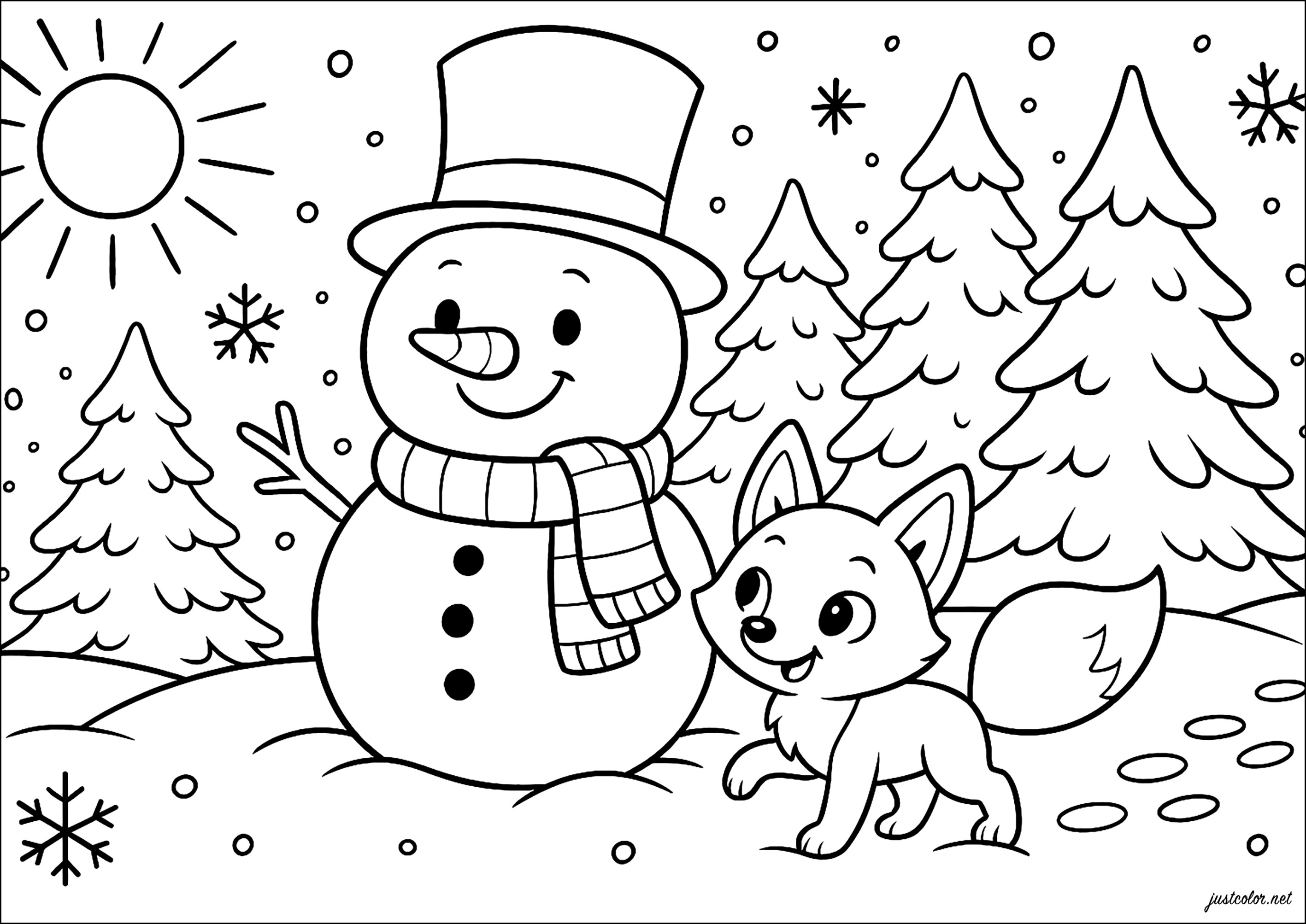 Schneemann und sein Freund Fuchs - Ausmalbilder von Winter zum Ausmalen