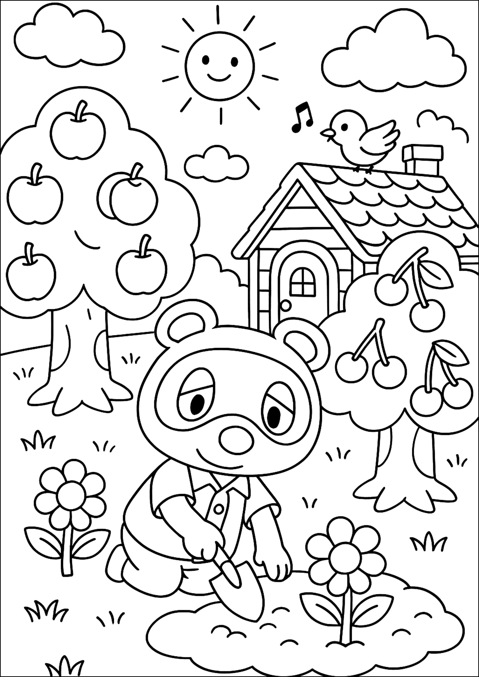 Tom Nook en el Jardín - Páginas de Animal Crossing para imprimir