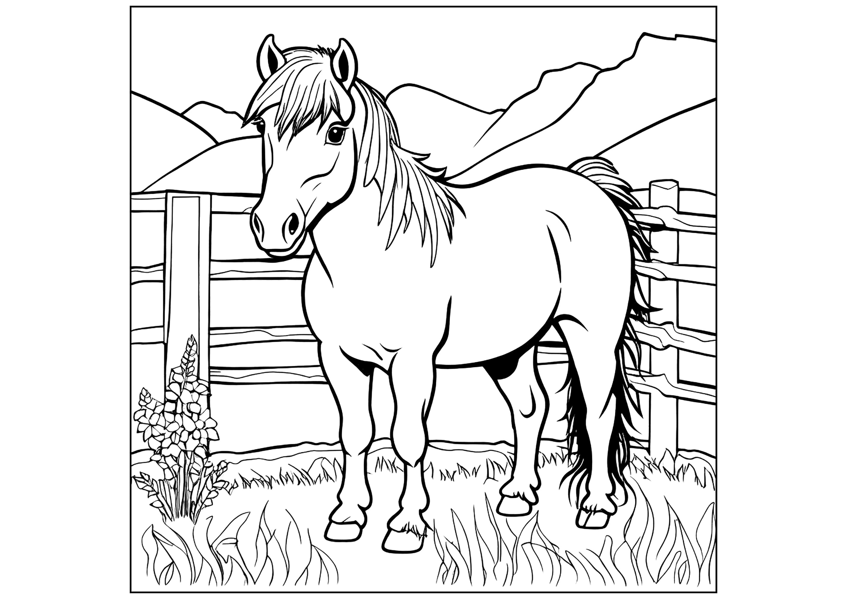 Un solo caballo en un prado - Caballos - Dibujos para colorear para niños