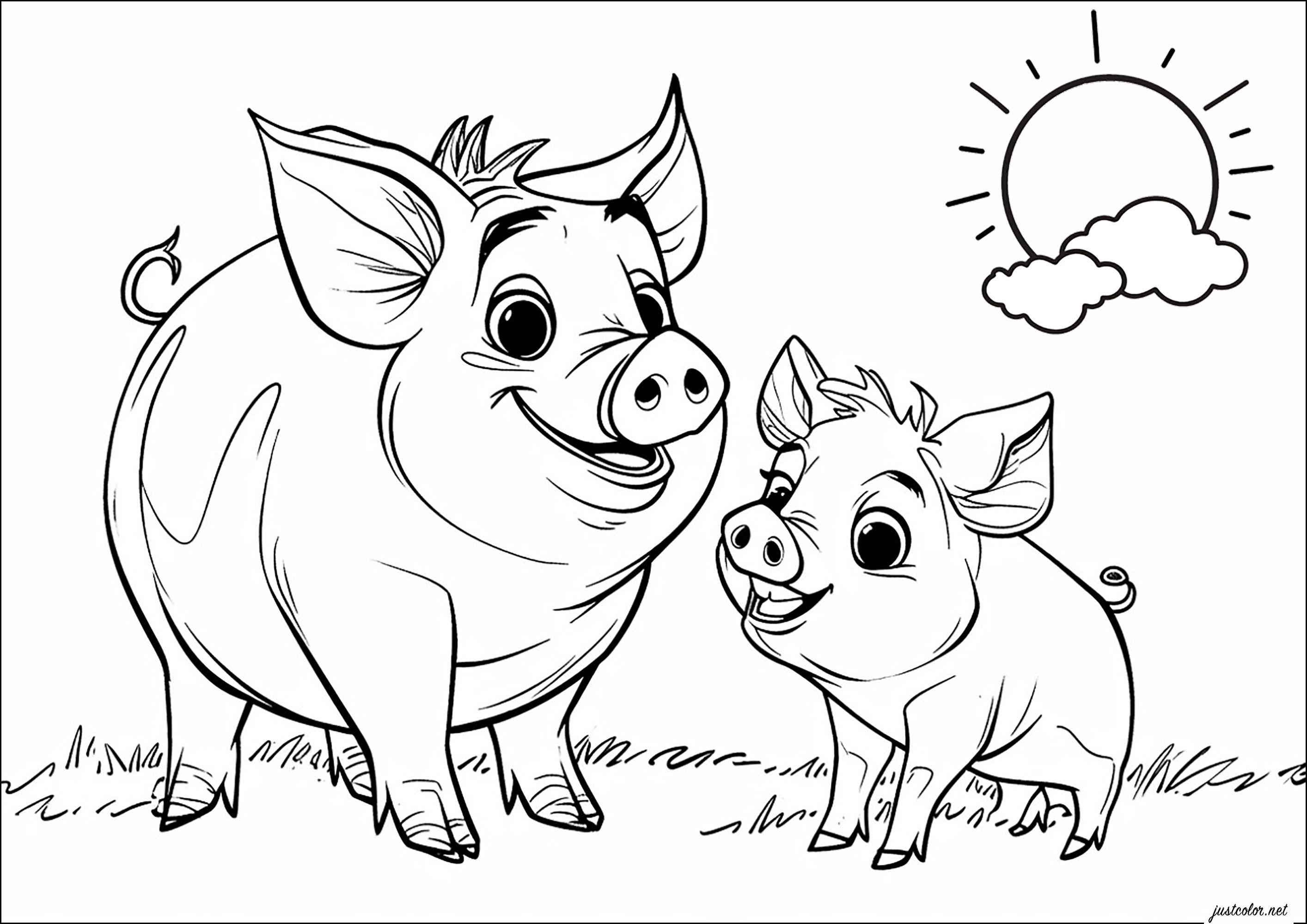 Mamá y cerdito - Dibujos de Cerdos para colorear para niños