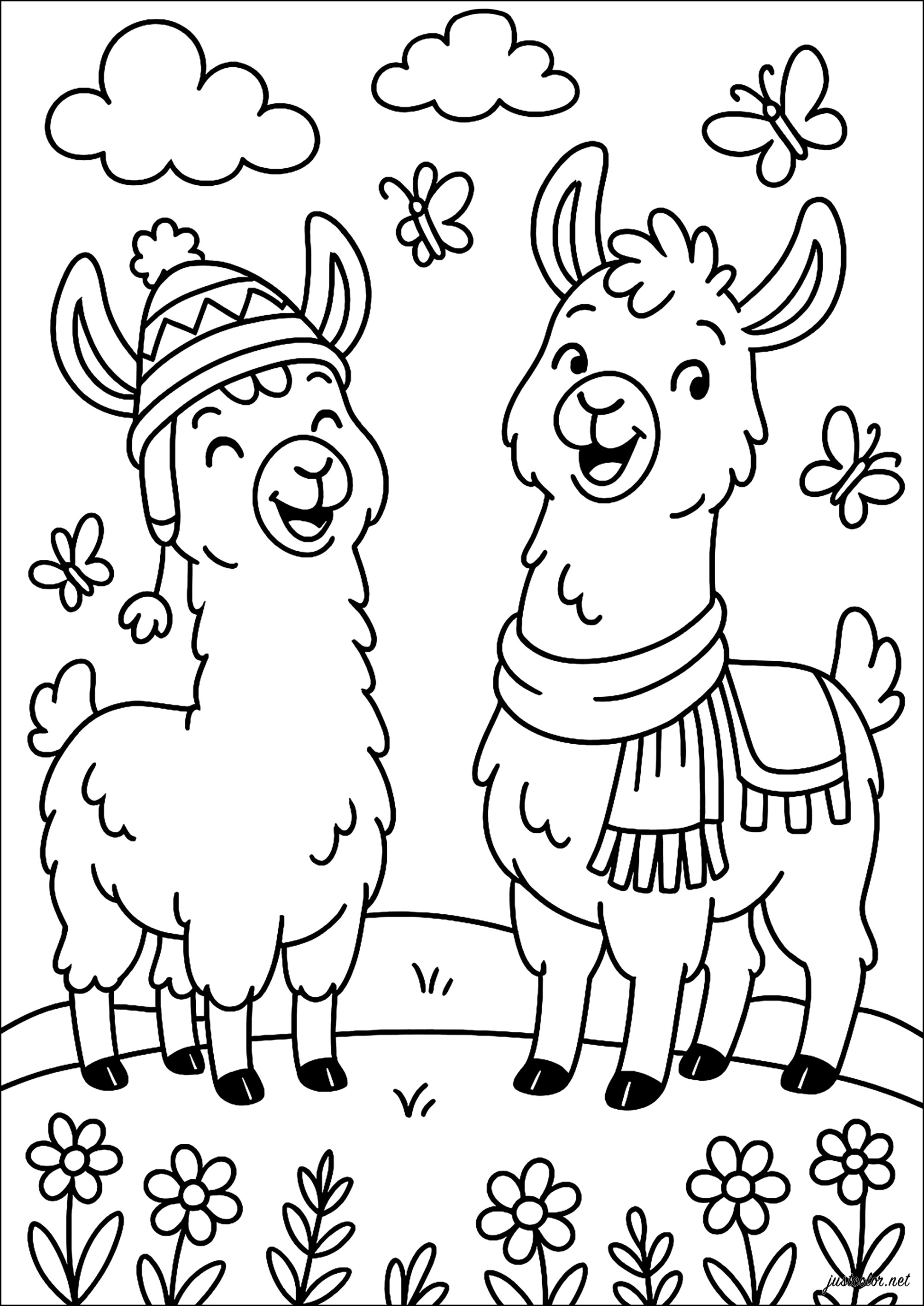 Dos Llamas traviesos en la pradera - Páginas de Llamas para imprimir