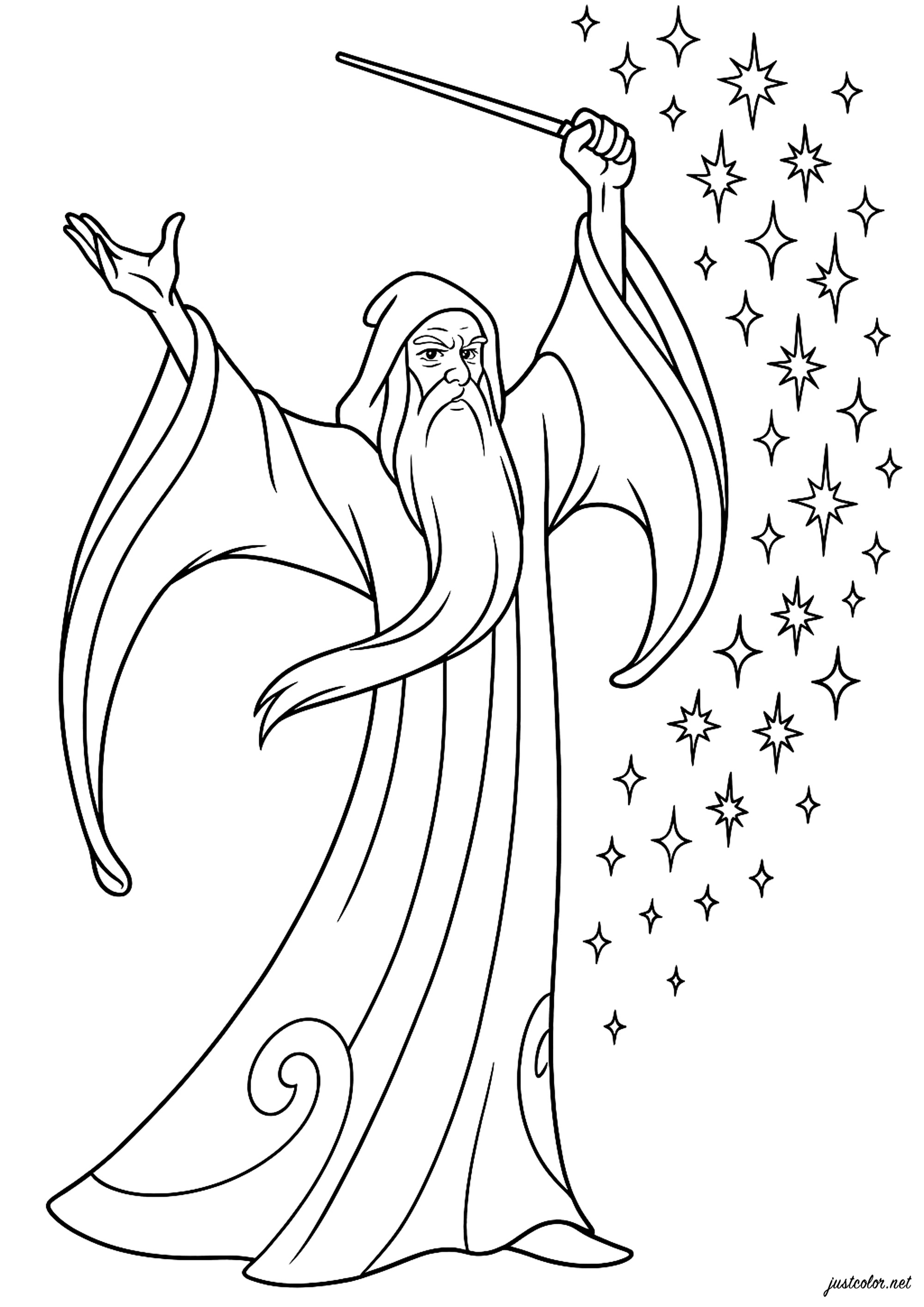 Mago rodeado de estrellas brillantes - Páginas de Magos para imprimir