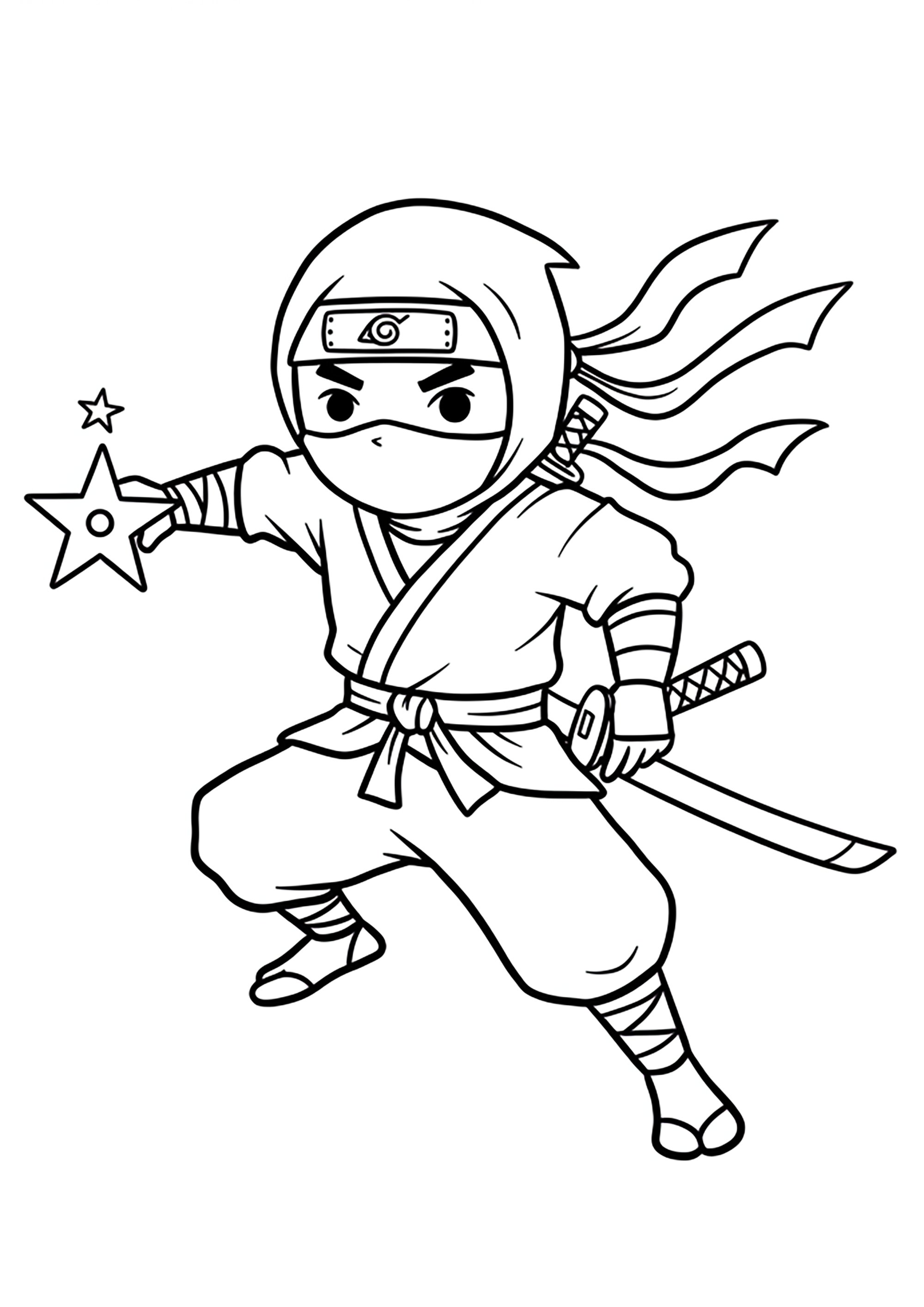 Ninja estilo kawaii, con una estrella - Páginas de Ninja para imprimir