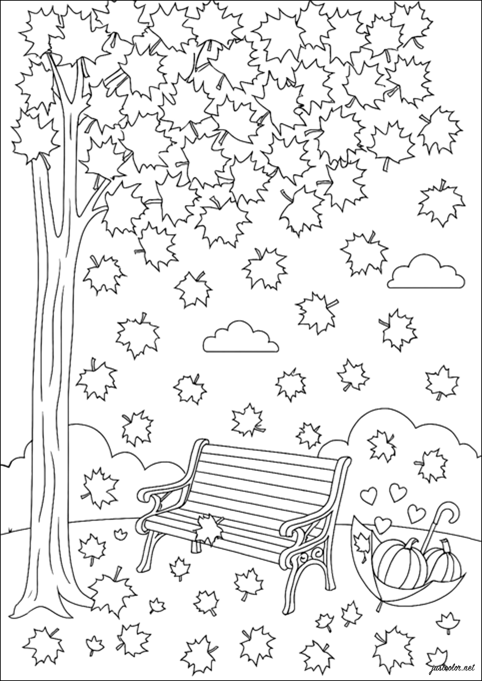 Un banco bajo un árbol con hojas caídas - Páginas de Otoño para imprimir