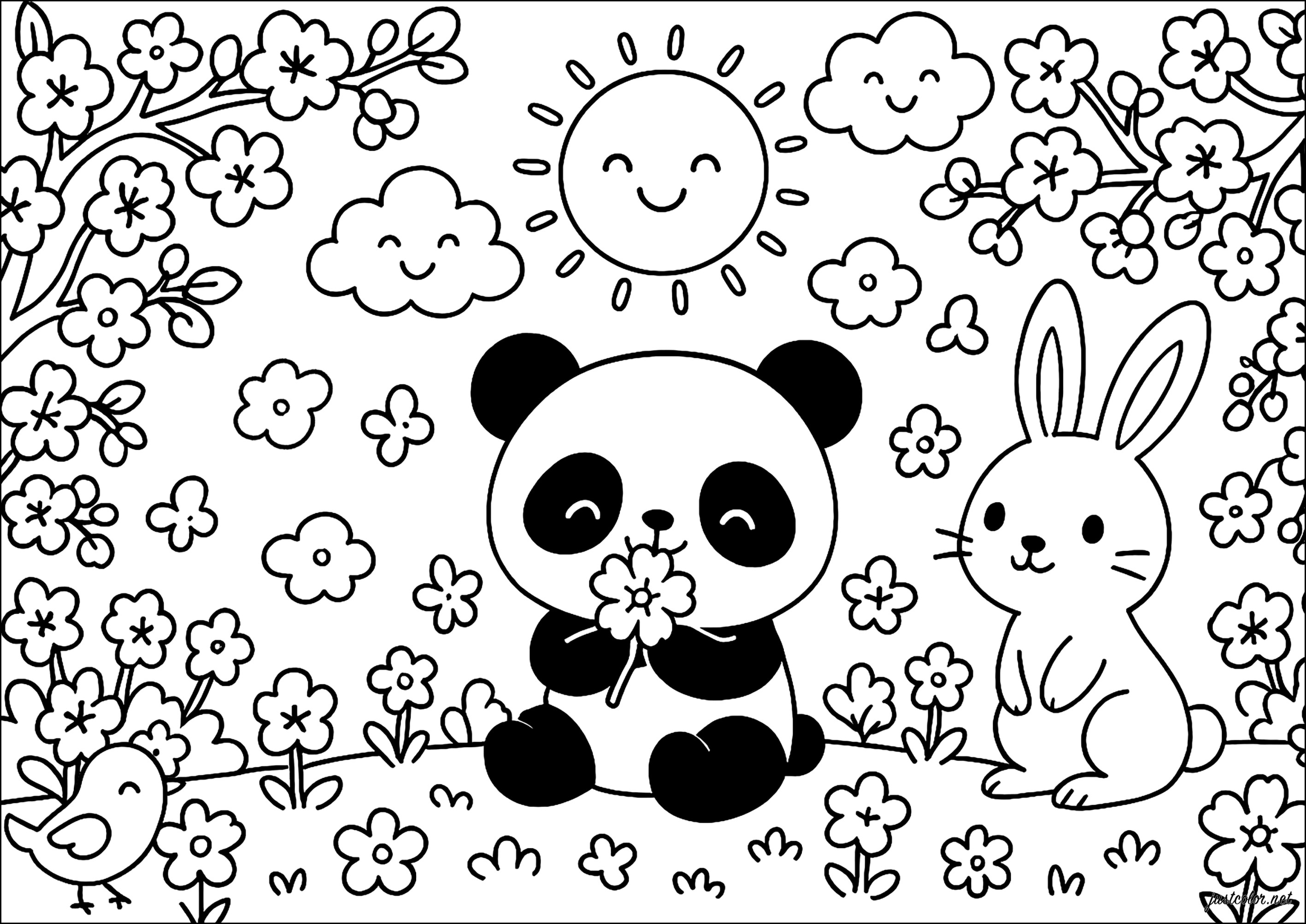 Panda feliz en un jardín encantado - Páginas de Pandas para imprimir