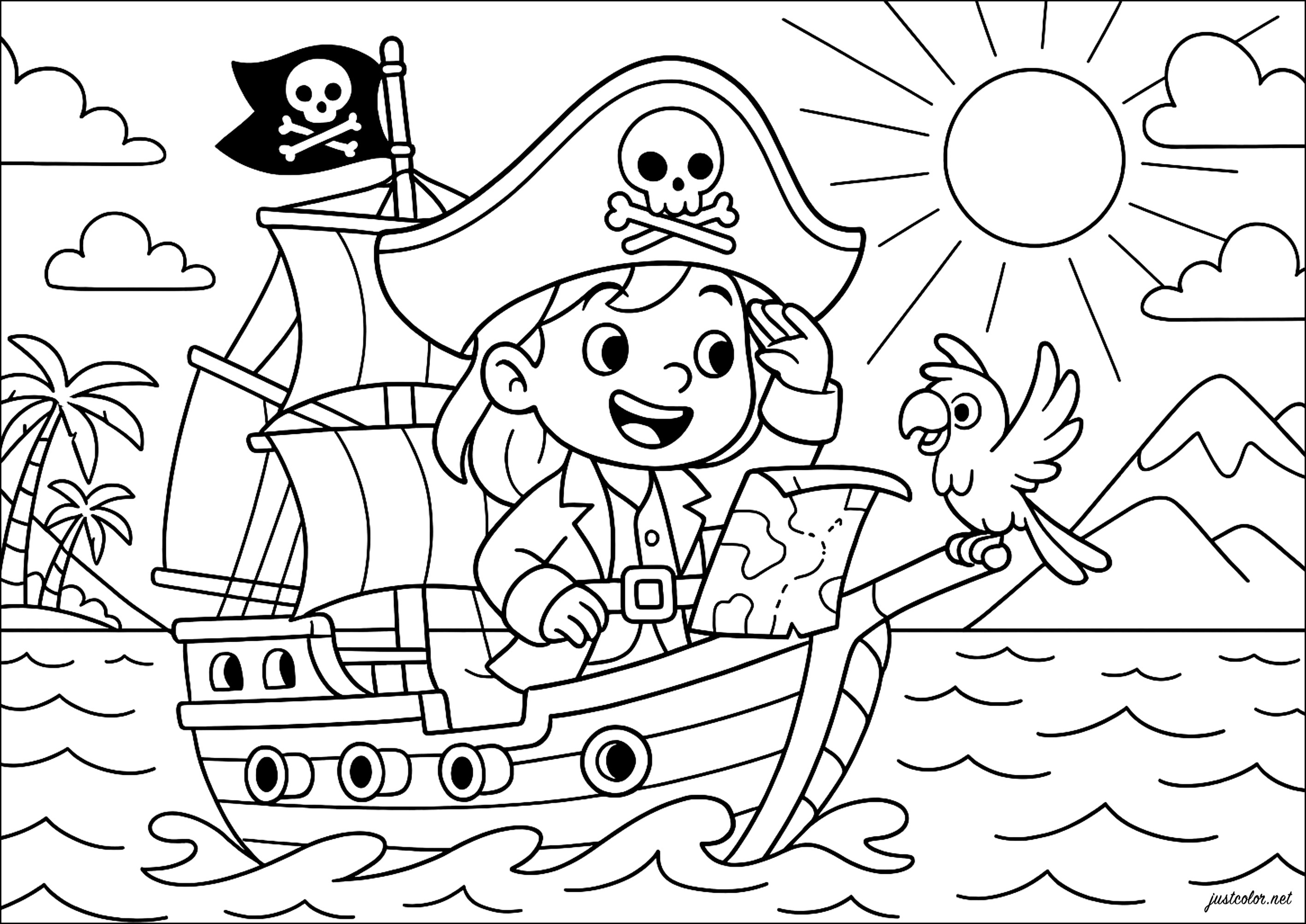 Aventura en el mar con un joven pirata - Páginas de Piratas para imprimir