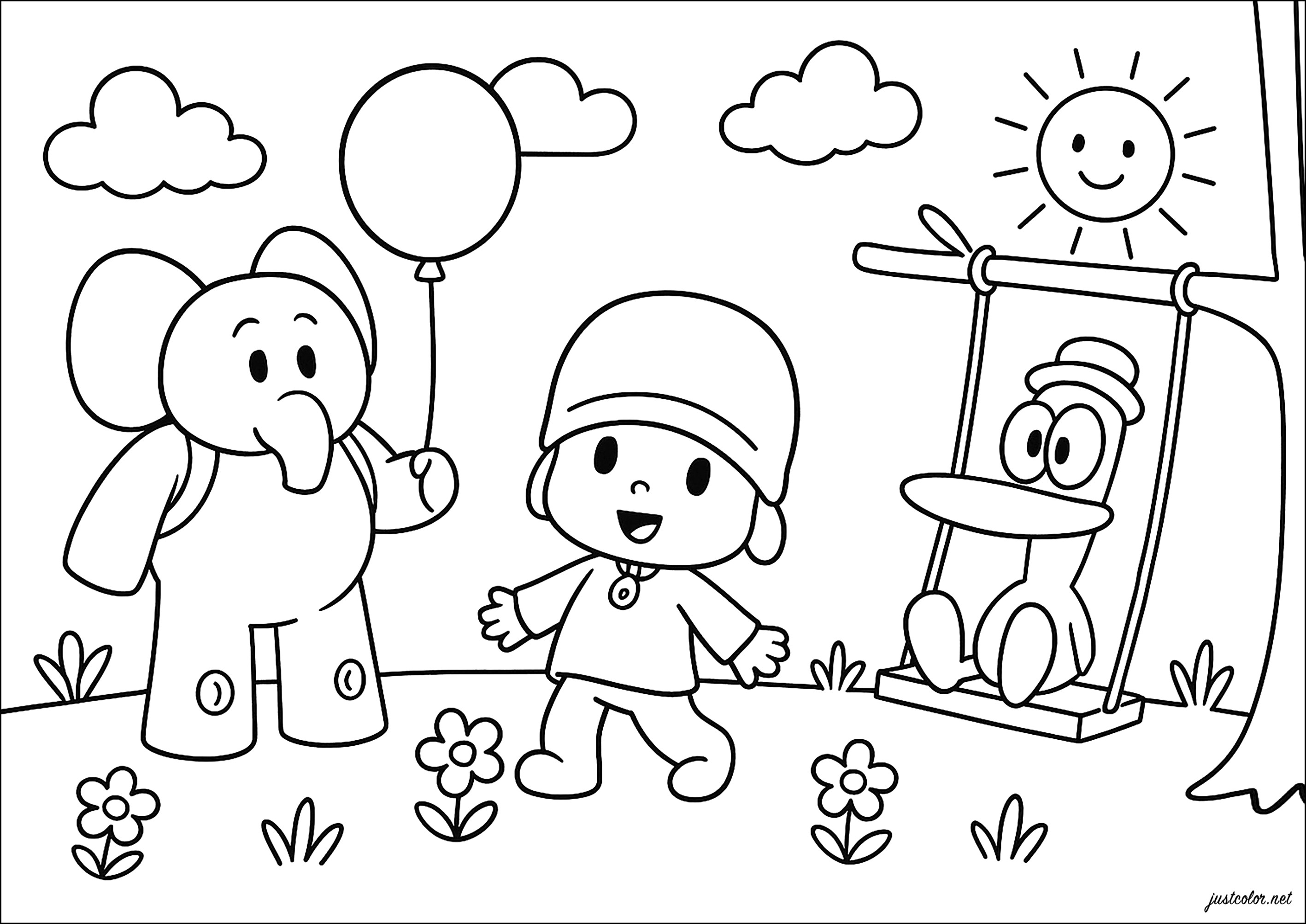 Aventura alegre en el parque en familia - Páginas de Pocoyo para imprimir