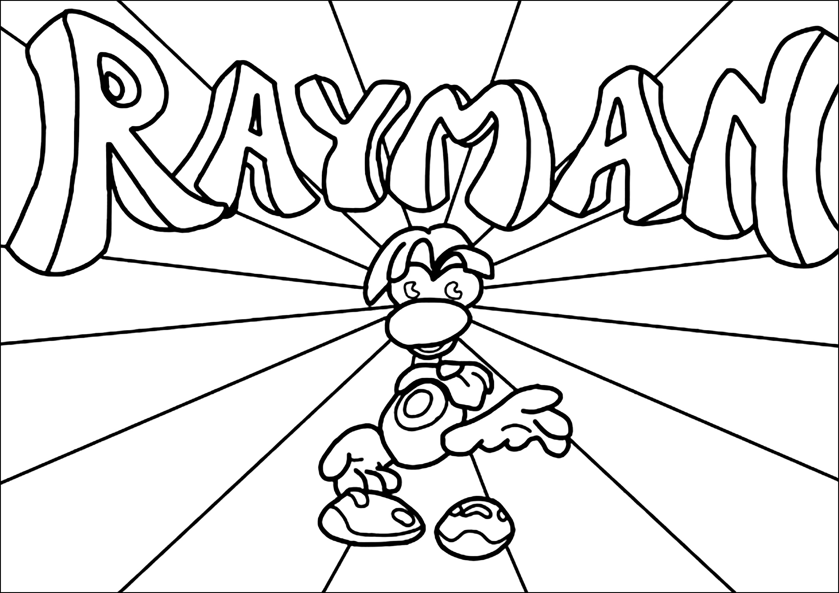 Personaje de Rayman con logotipo de fondo - Páginas de Rayman para imprimir