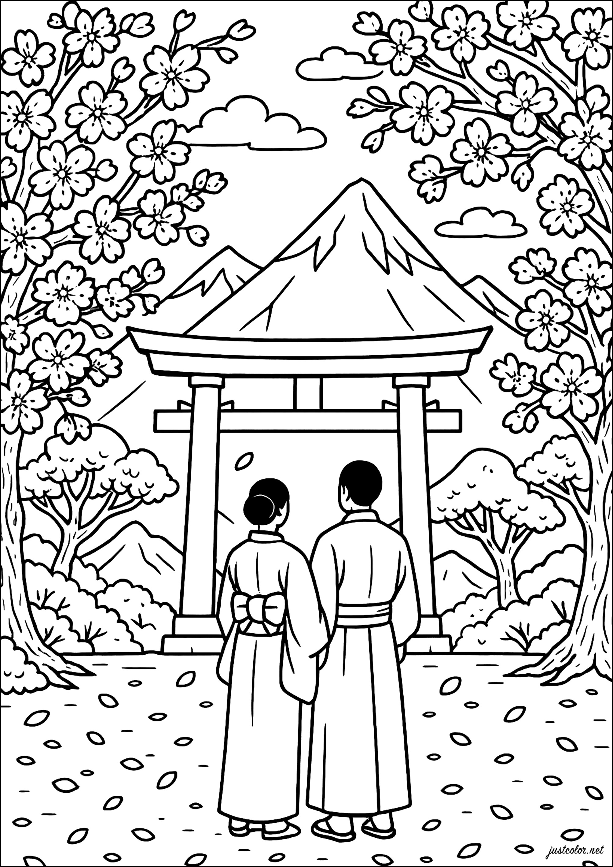 Casal e templo calmante - Páginas de Japão para colorir