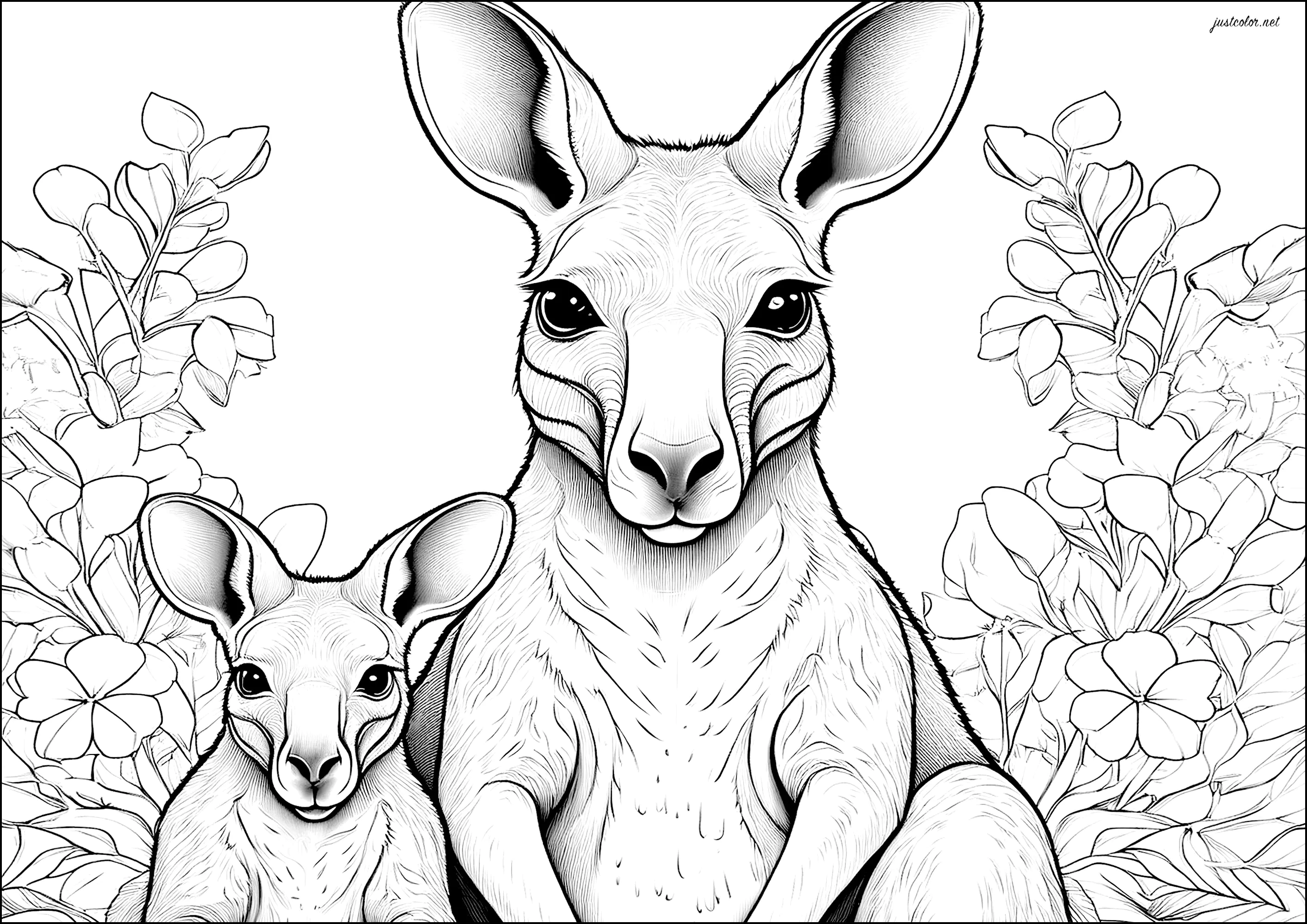 Dois cangurus em grande plano - Páginas de Canguru para colorir