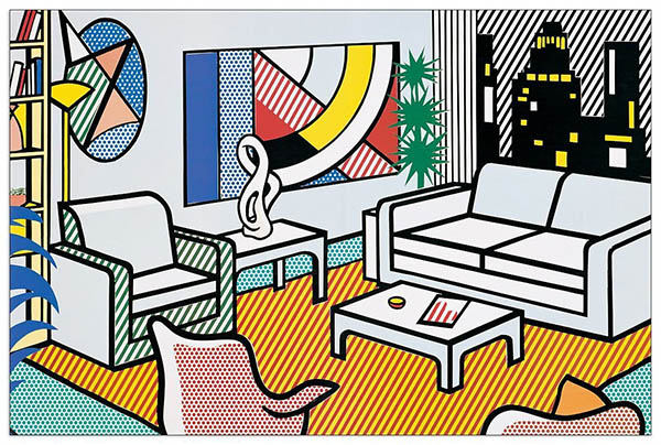 Roy lichtenstein interior with skyline - Pop Art Coloring Pages for adults