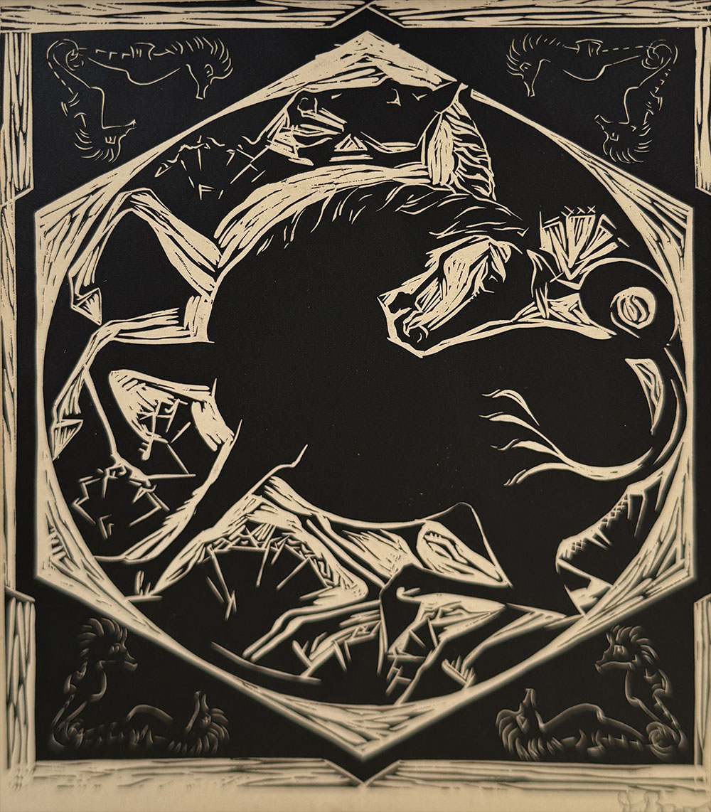 Horse and Seahorses (Woodcut) - Engraving Coloring Pages for adults