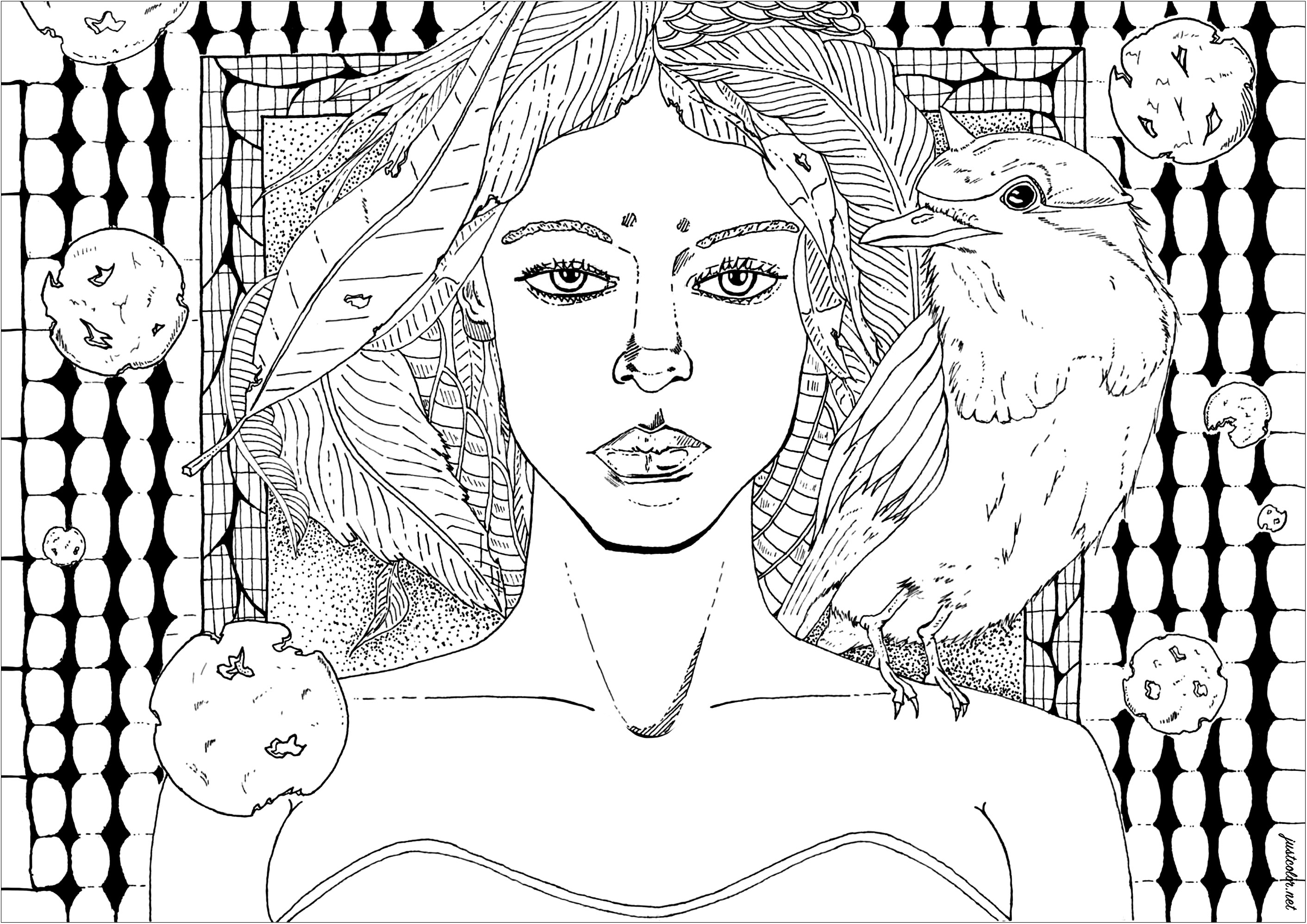 Woman With Raven On Her Shoulder Anti stress Zen Coloring Pages For Woman With Raven On Her Shoulder Anti stress Zen Coloring Pages For