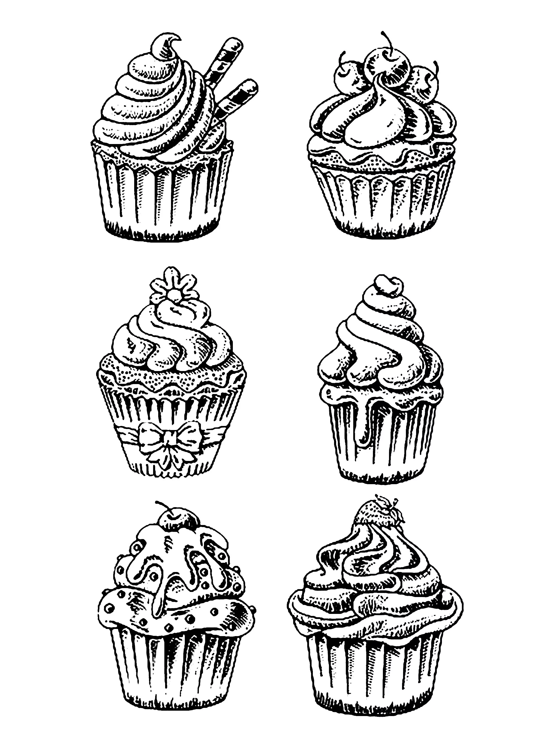 Six good cupcakes - Cupcake and cake Coloring Pages for adults