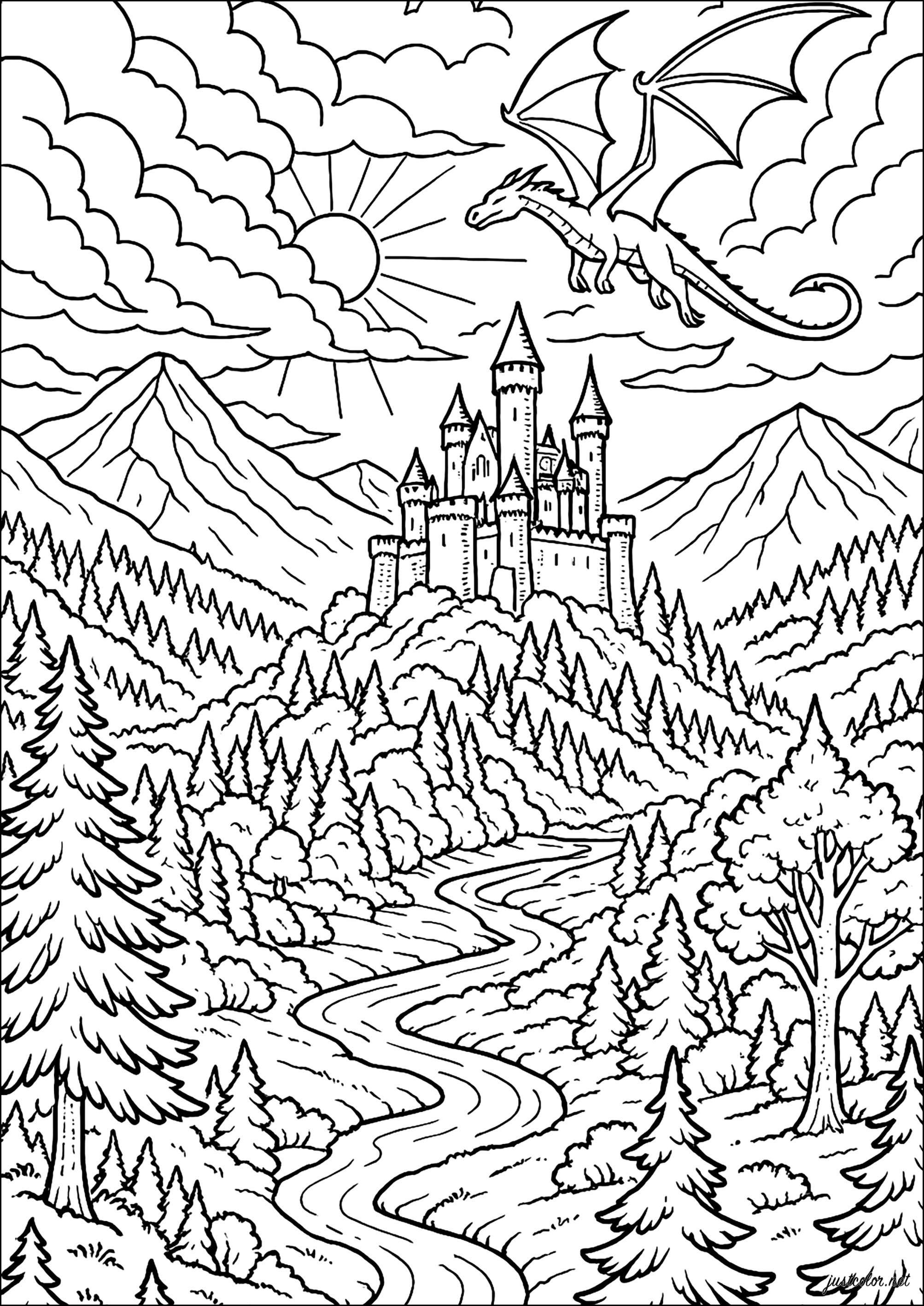 Fortress in the Mountains and Dragon - Dragon Coloring Pages for adults