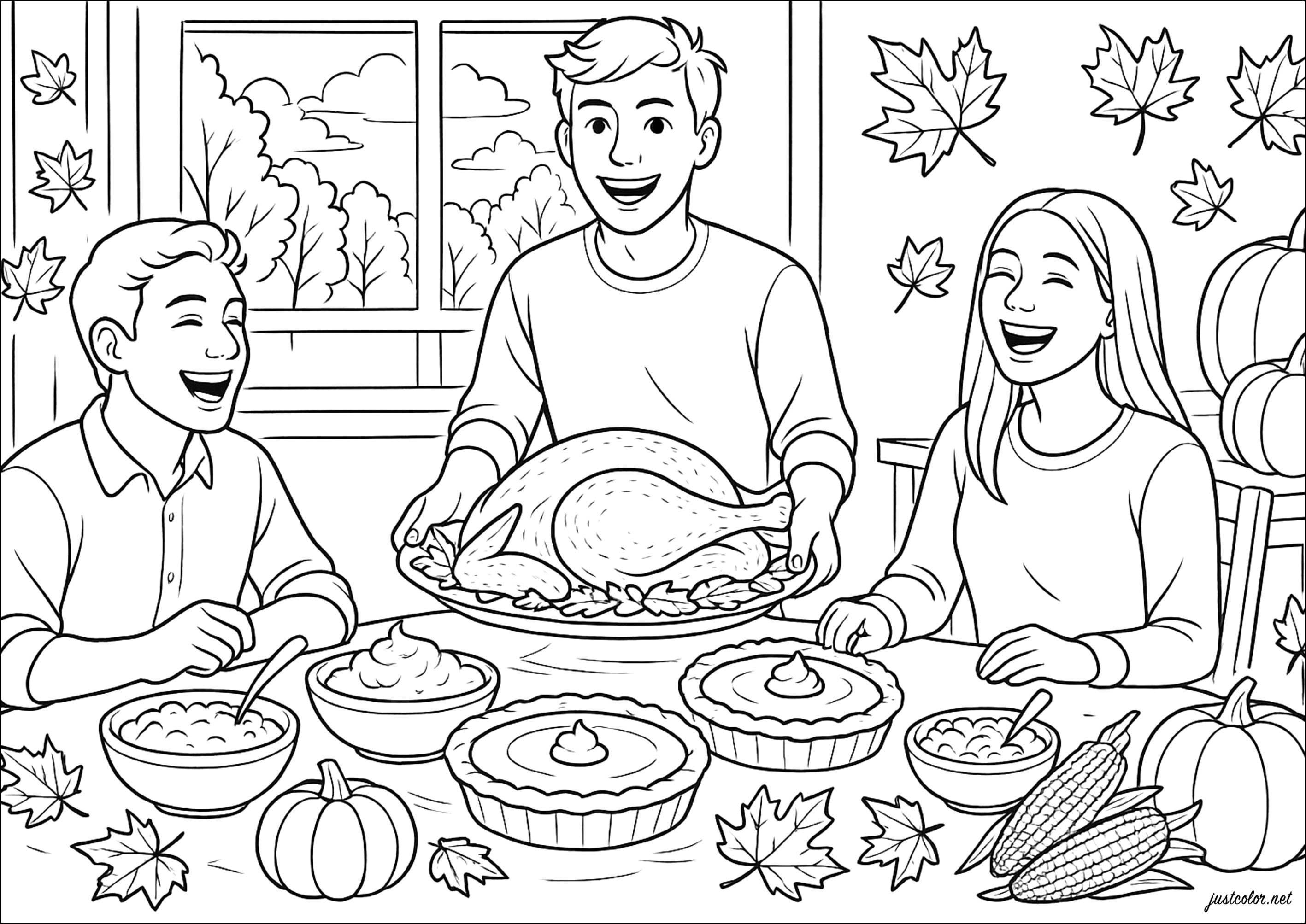 An autumn feast for friends - Thanksgiving Coloring Pages for adults