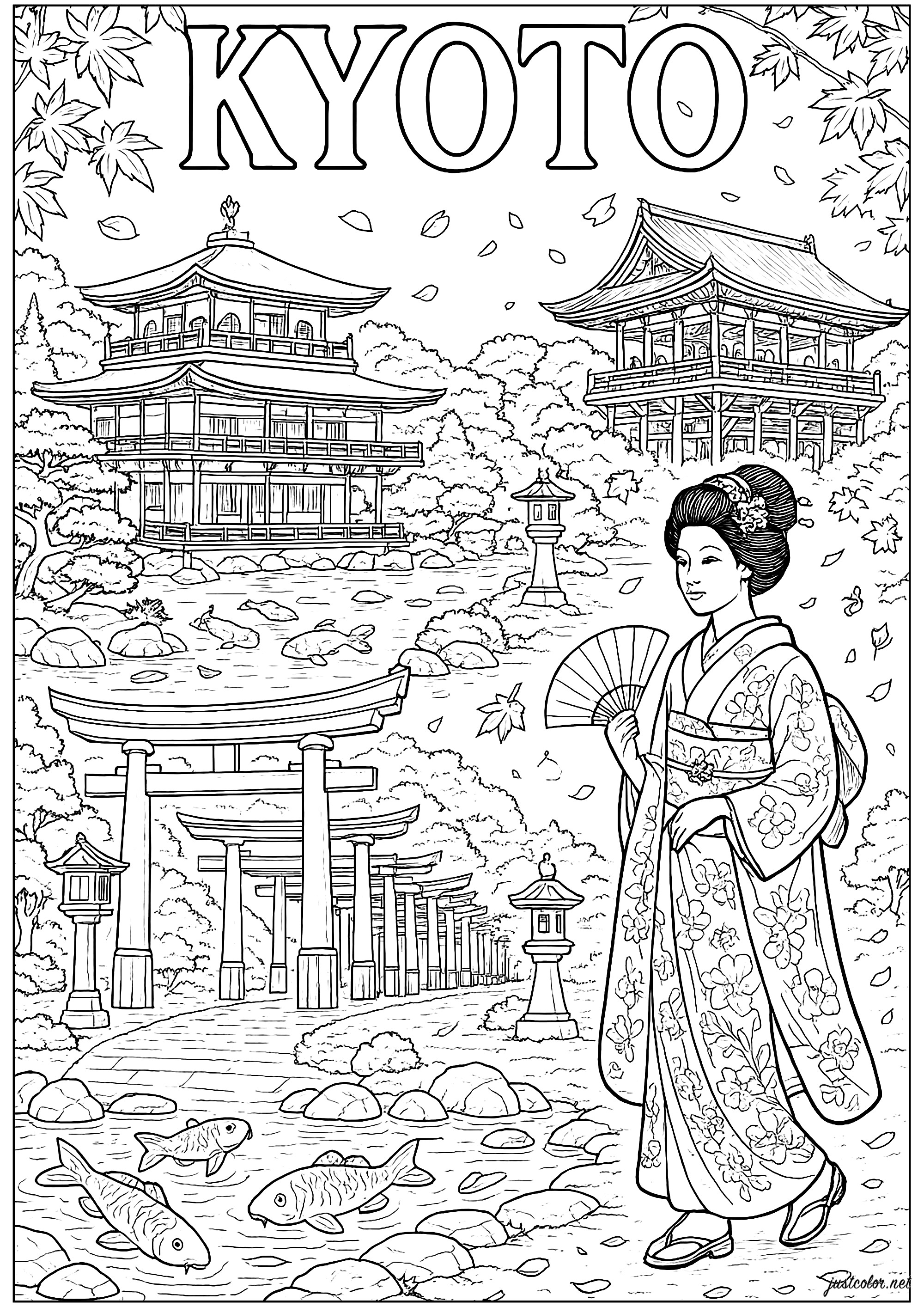 Elegance and serenity in Kyoto (Japan) - Japan Coloring Pages for adults