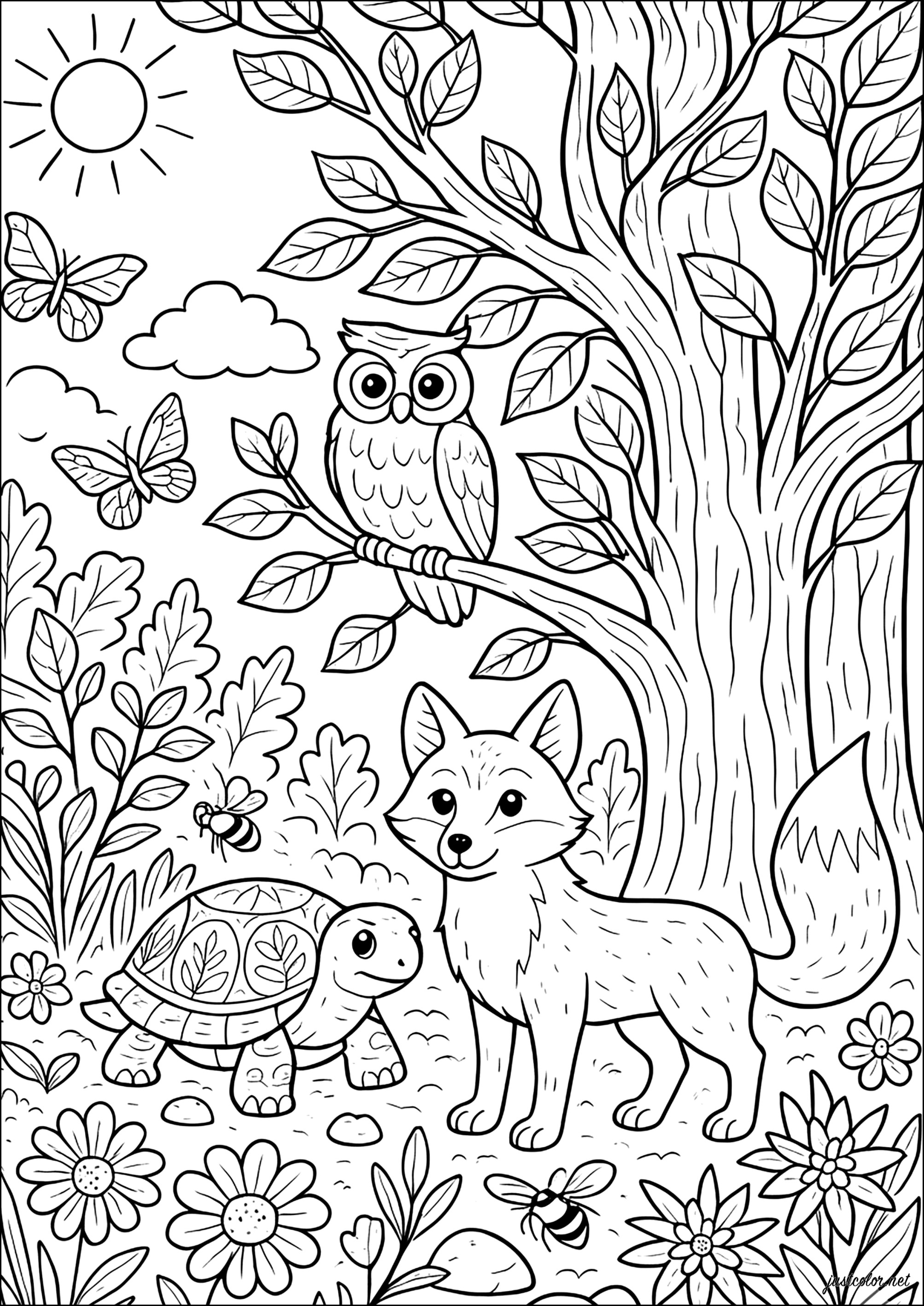 Enchanted encounter with forest animals - Jungle & Forest Coloring Pages