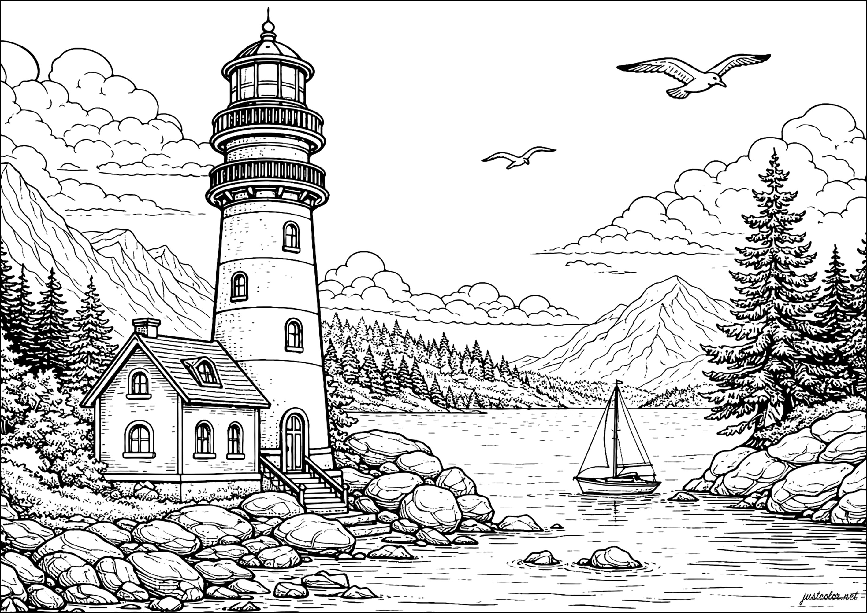 Majestic lighthouse by the sea - Landscape Coloring Pages
