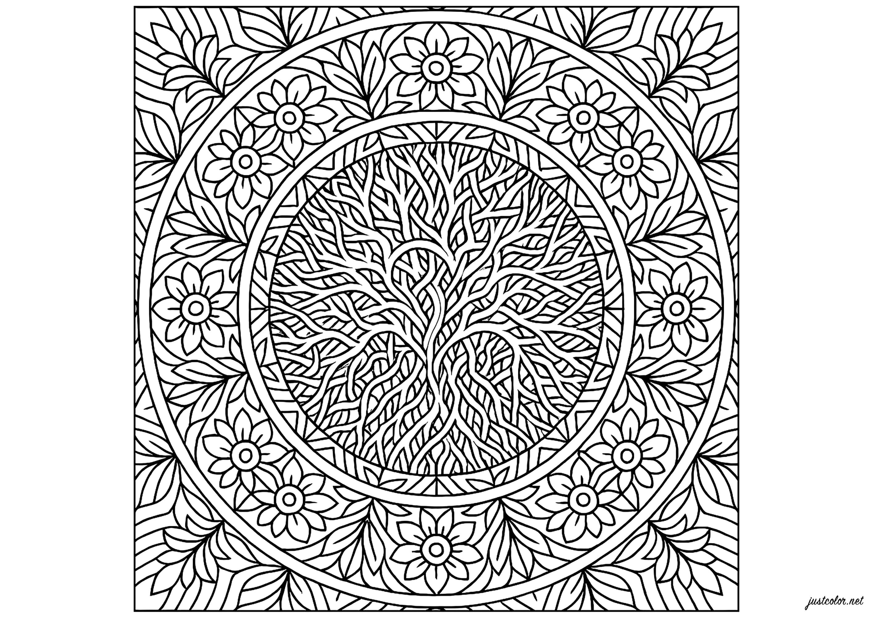 Labyrinth and sacred tree - Mandalas Coloring Pages for adults