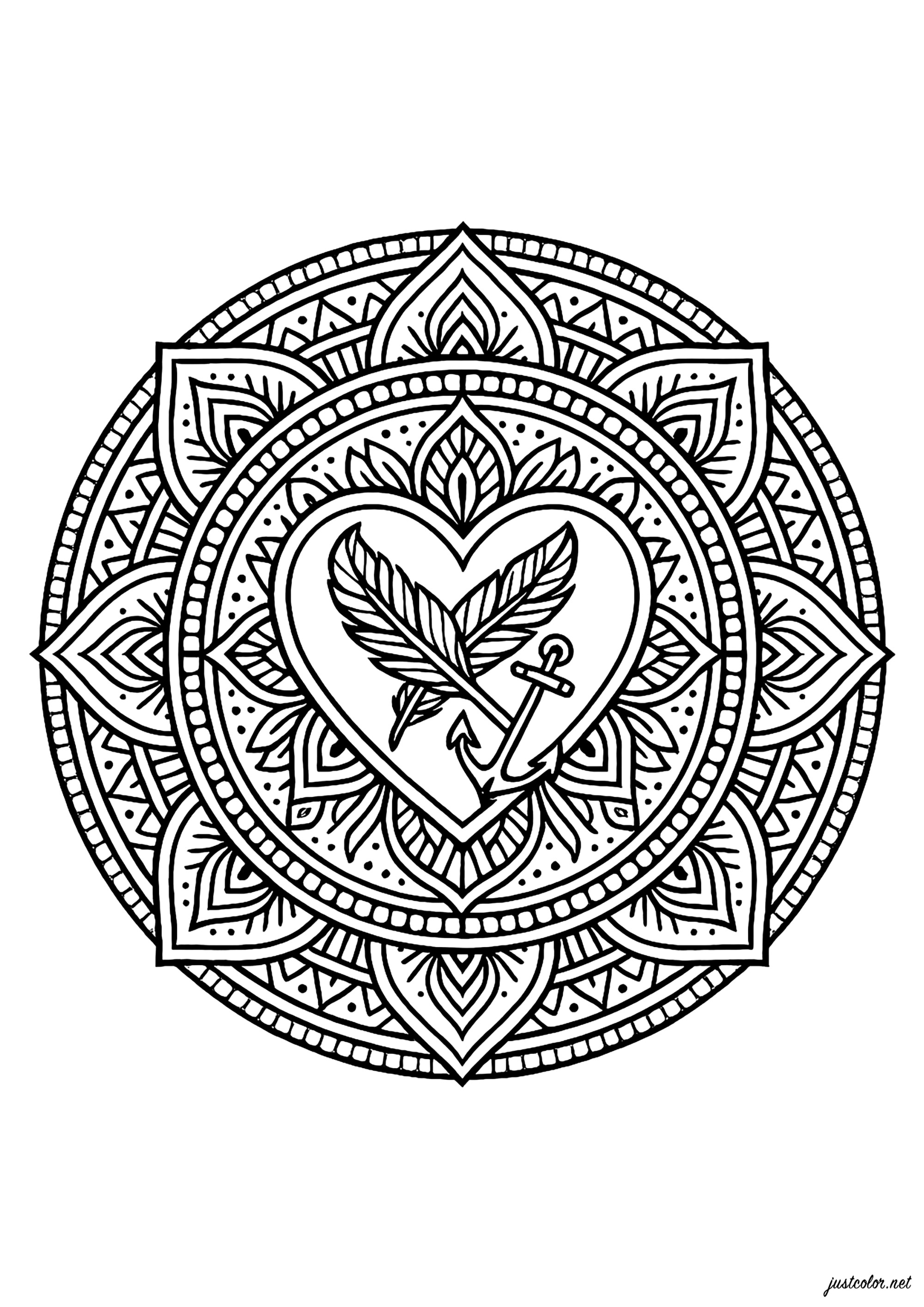 Mandala with Heart and Anchor - Mandalas Coloring Pages for adults