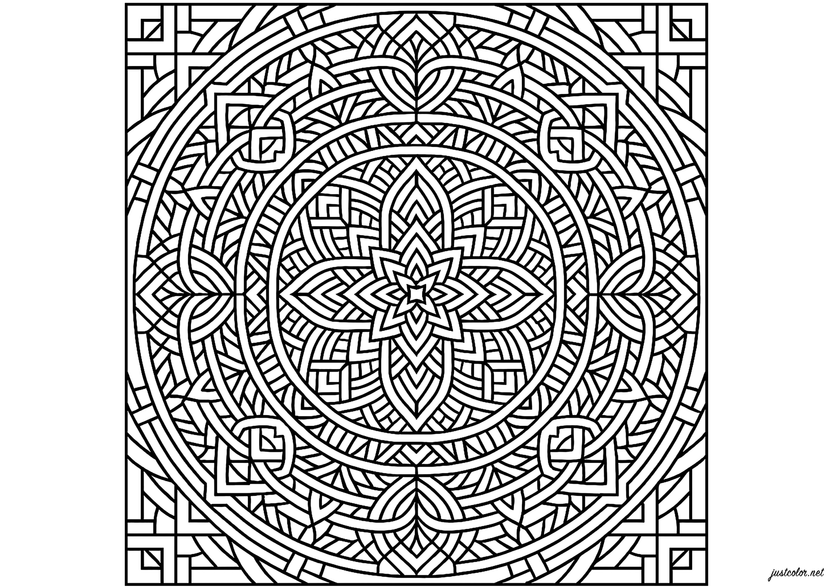 Complex geometric square mandala - Mandalas Coloring Pages for adults