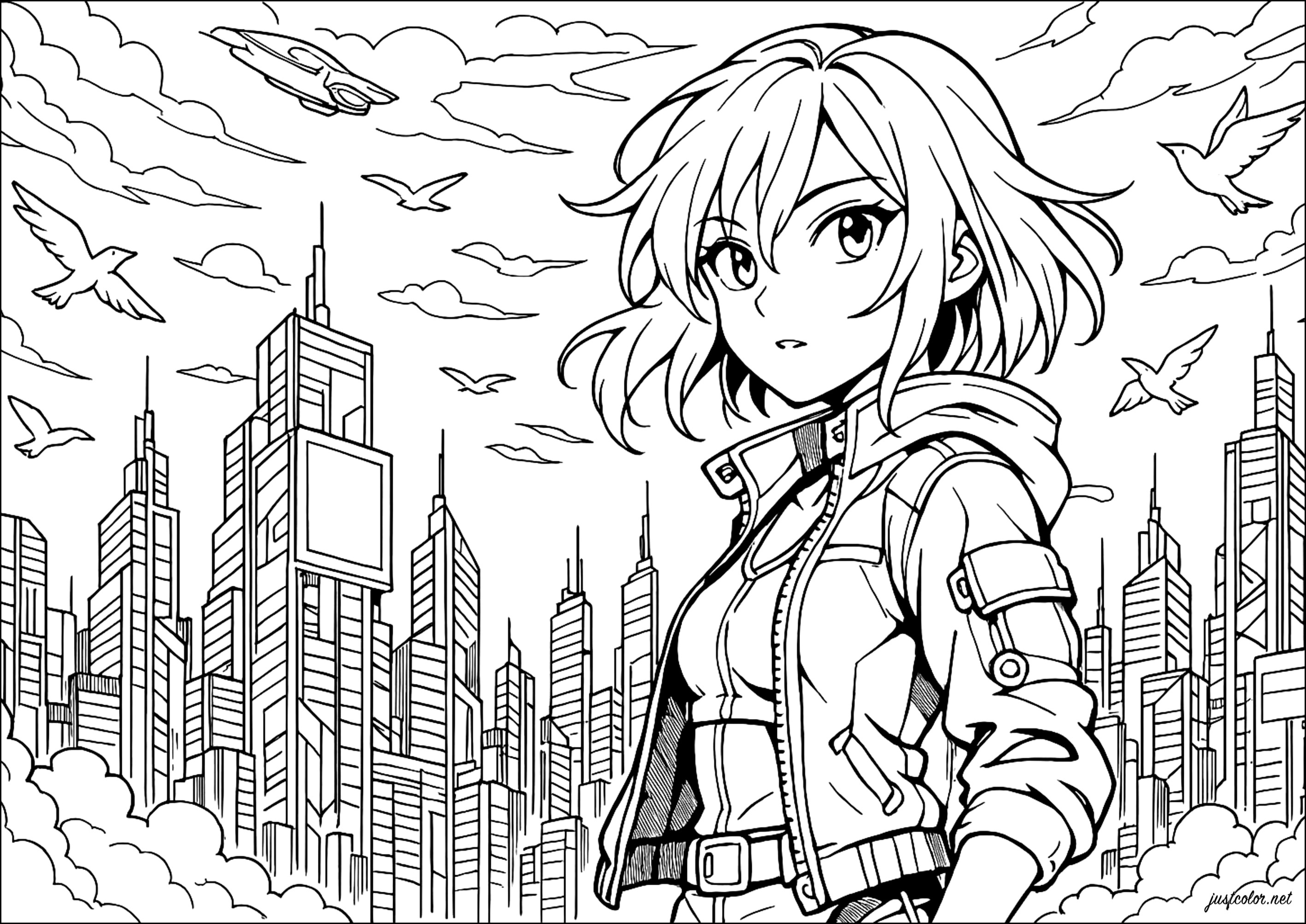 Cyberpunk heroine under neon lights - Manga / Anime Coloring Pages for ...