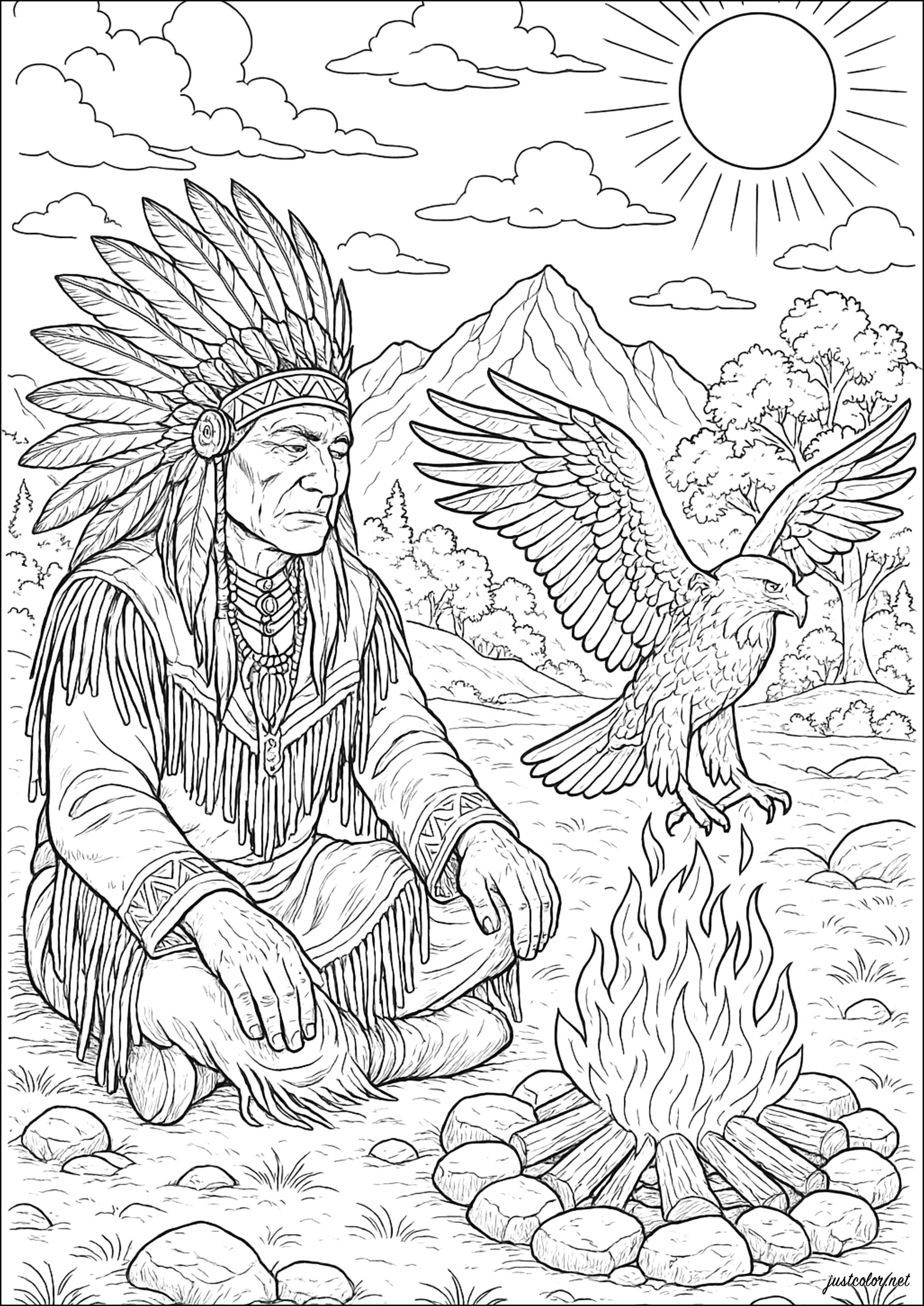 Shaman and the Sacred Eagle - Native American Coloring Pages for adults
