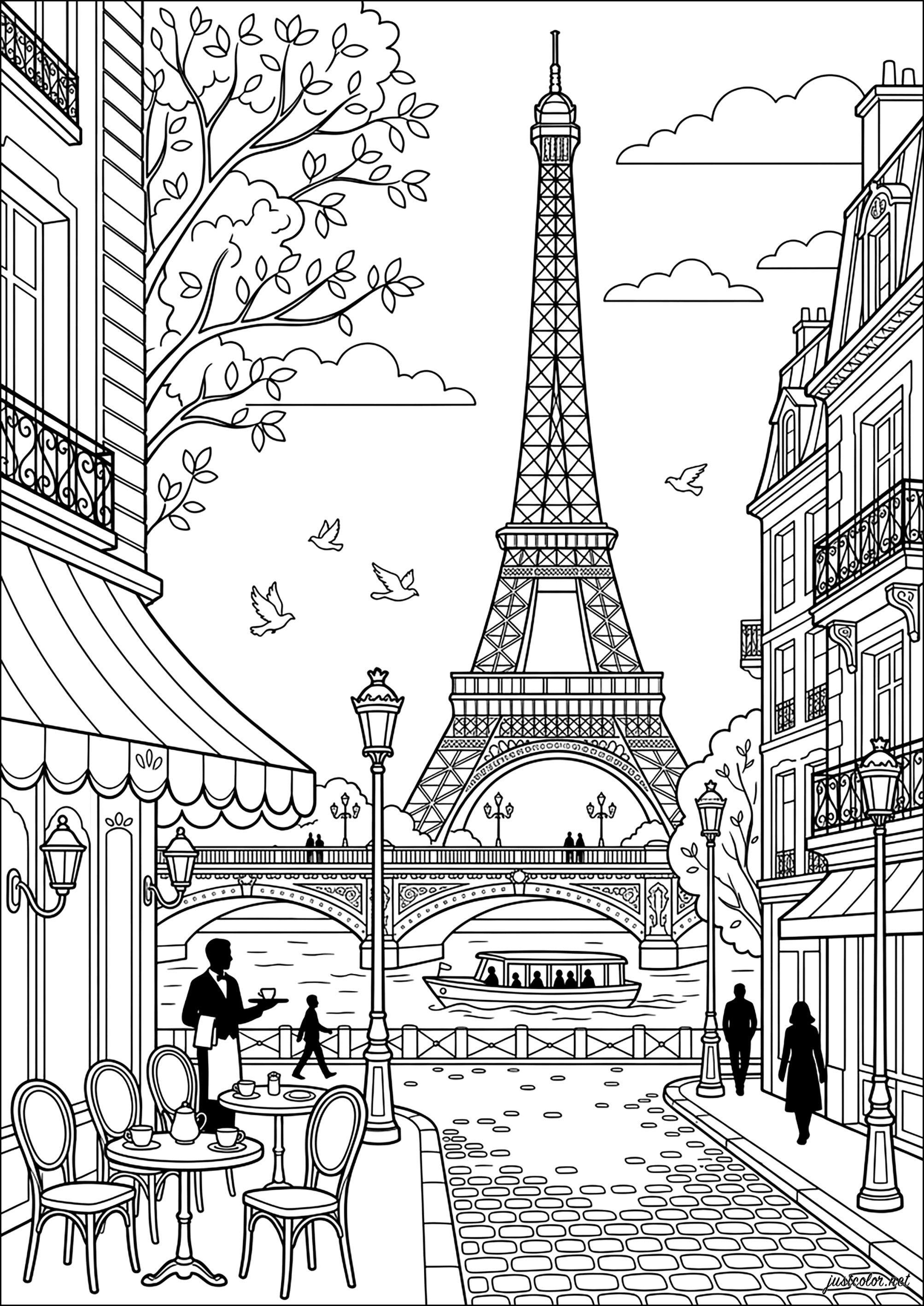 Vintage scene in Paris - Paris Coloring Pages for adults