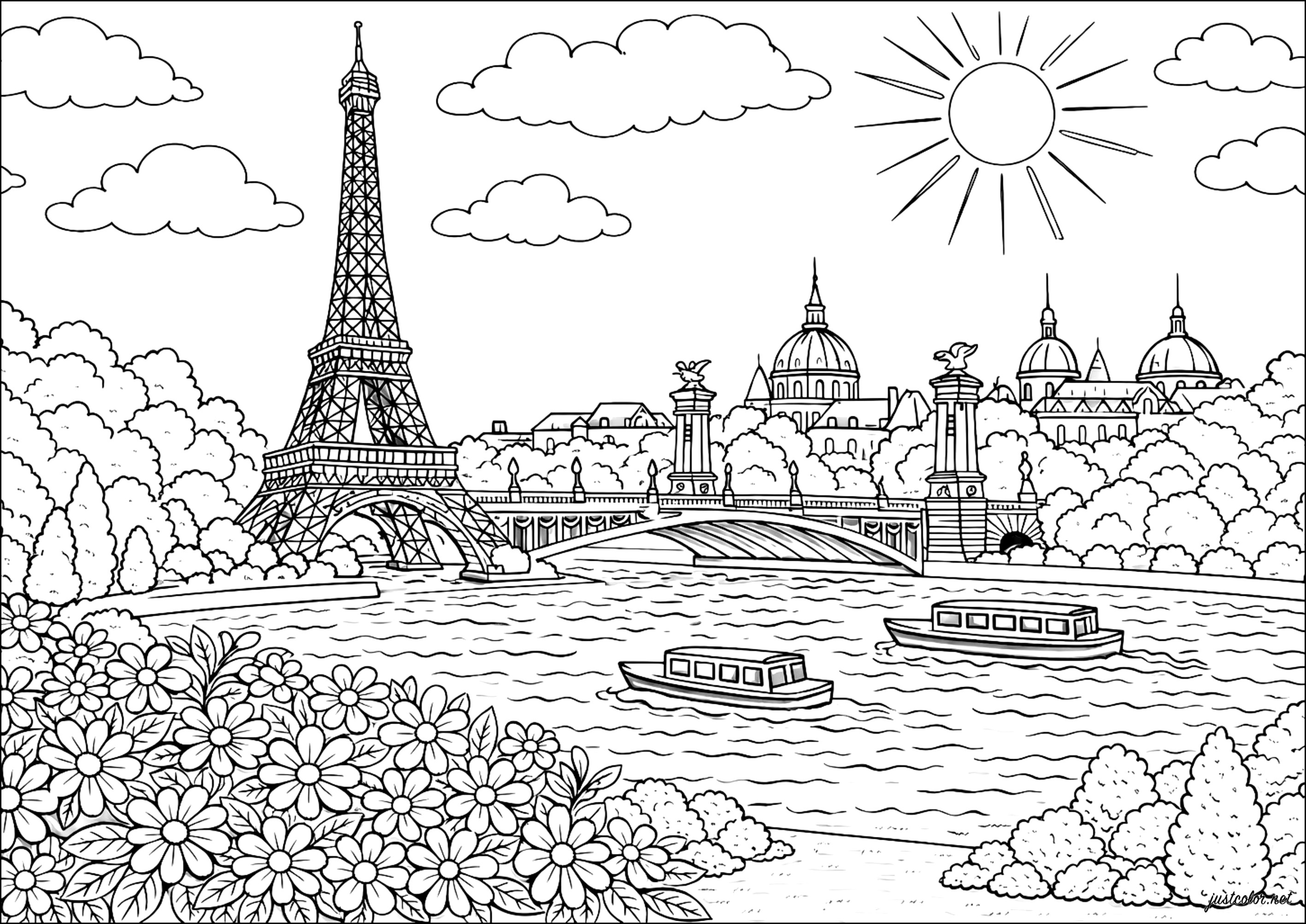 Superb view of Paris in summer - Paris Coloring Pages for adults