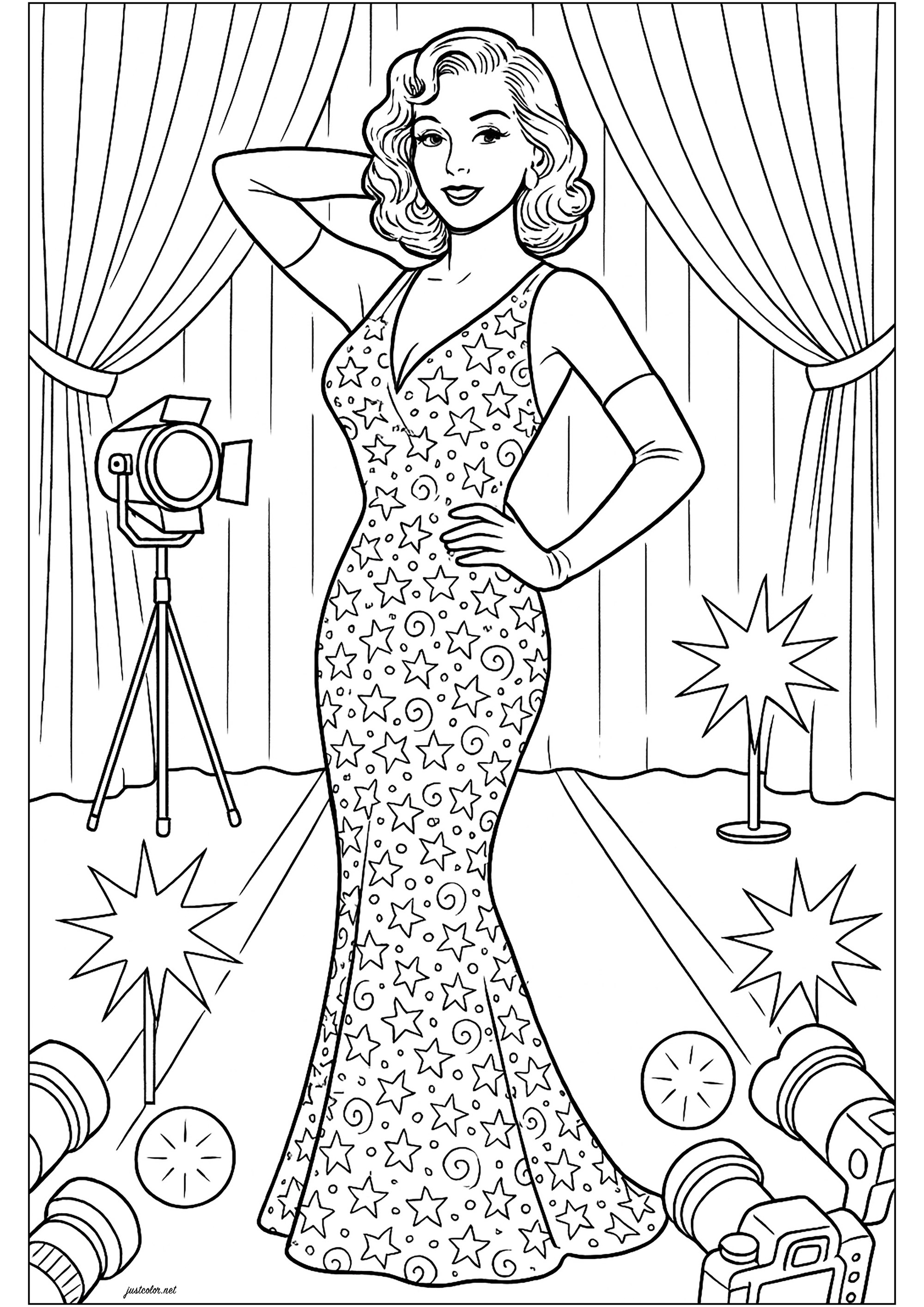 Star under the photographers' flashbulbs - 1950s Pin-Up Coloring Pages