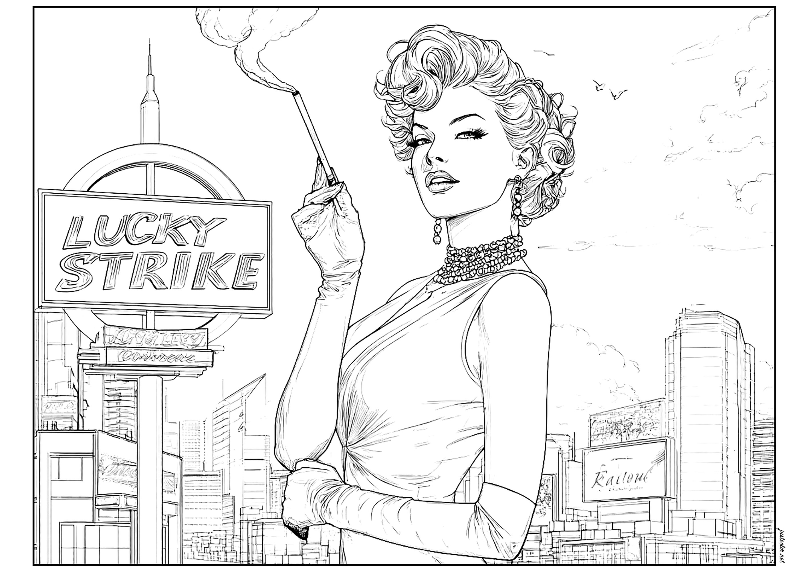 Elegant woman in front of skyscrapers - 1950s Pin-Up Coloring Pages
