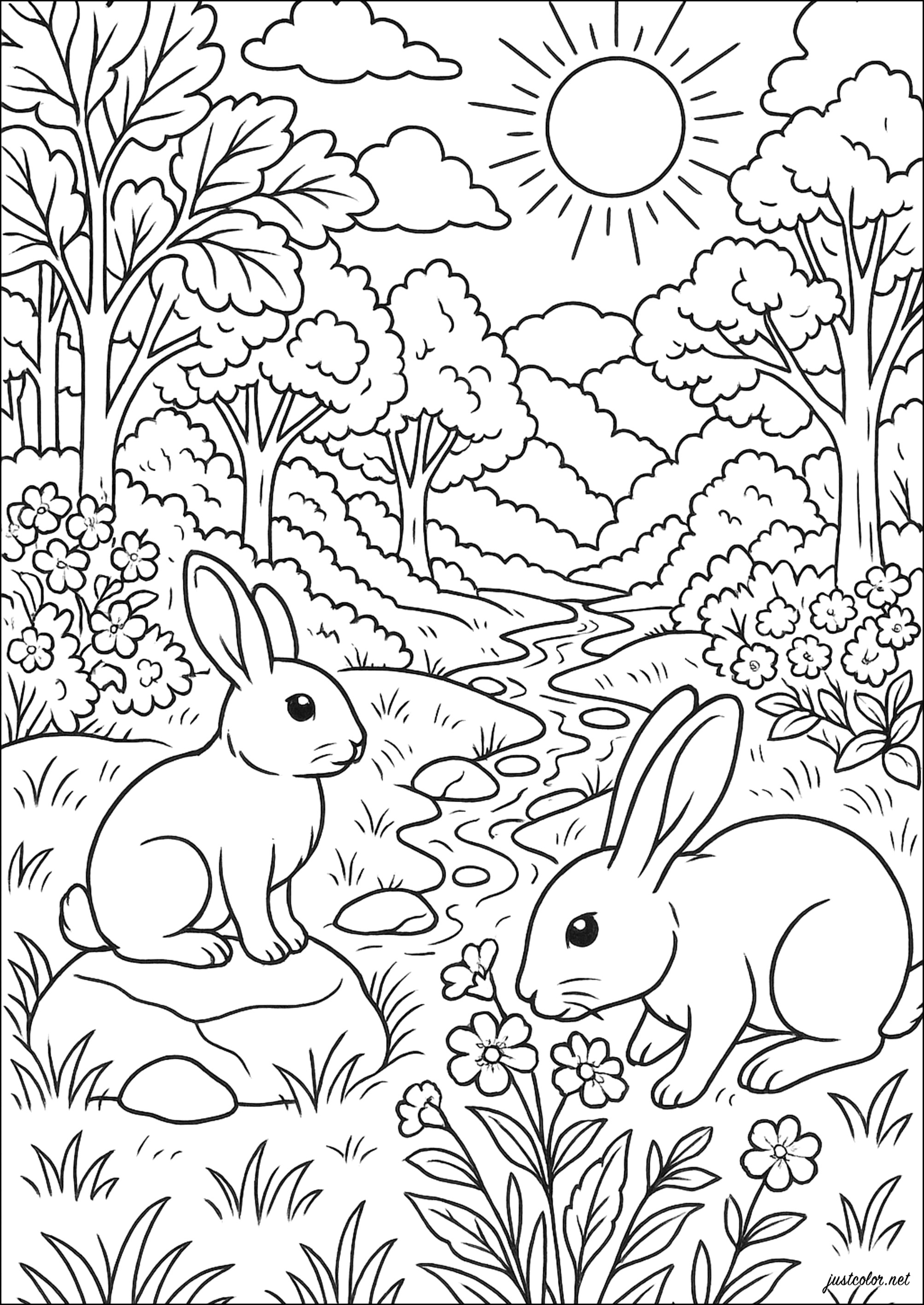 A bucolic encounter in the forest - Rabbit Coloring Pages for adults