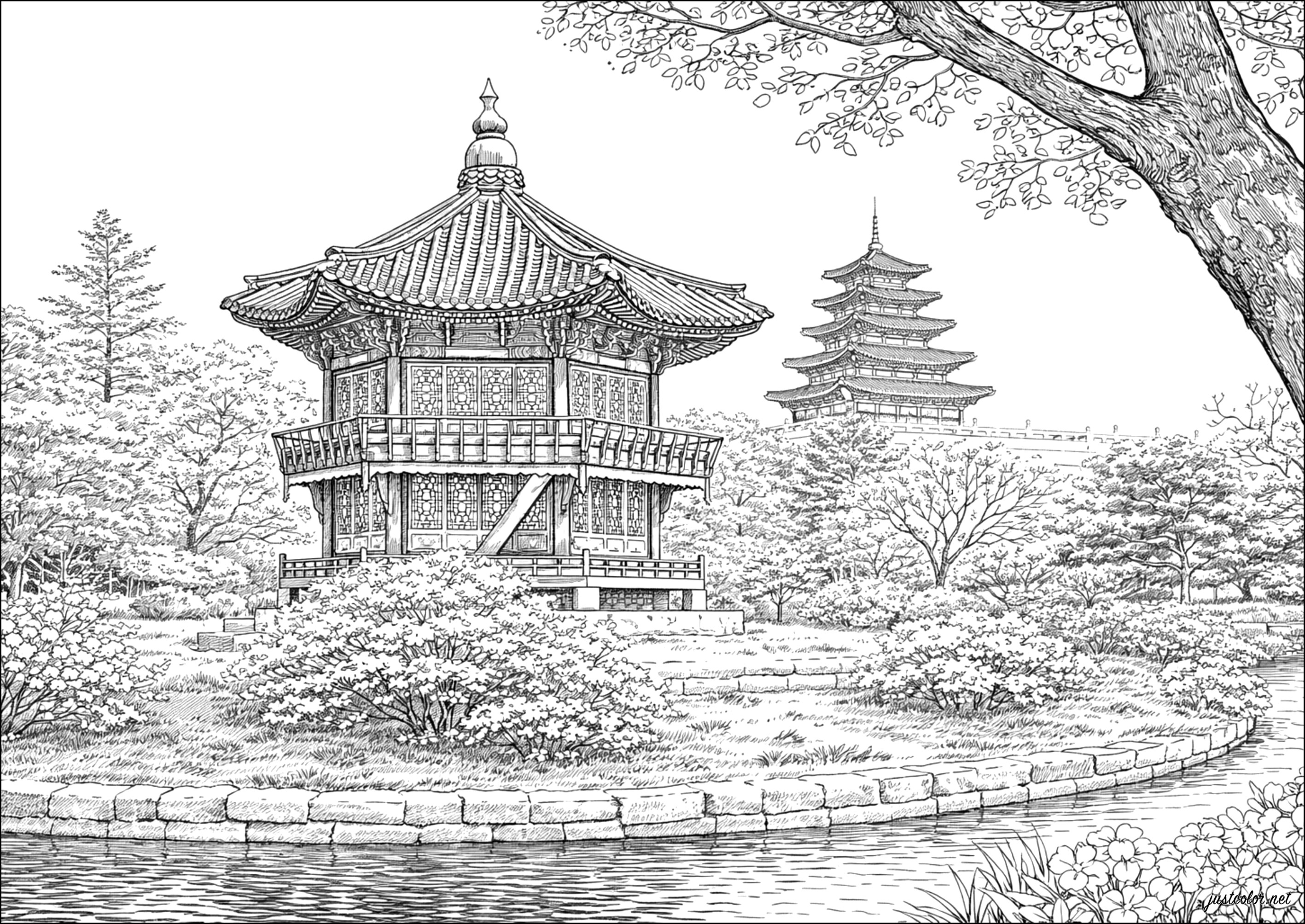 The serenity of a traditional garden in Seoul - South Korea Coloring Pages