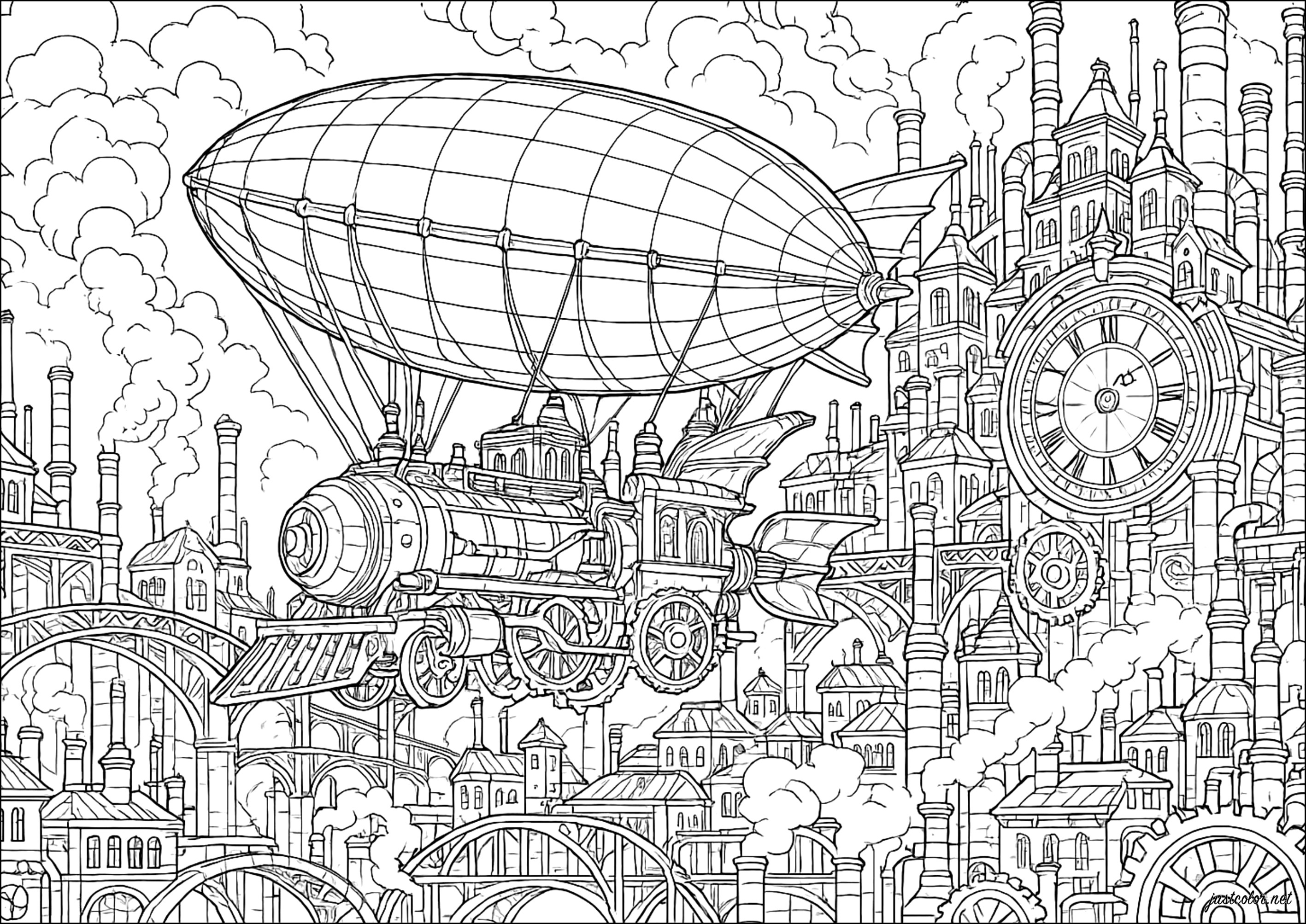 Air travel in a Steampunk city - Steampunk Coloring Pages