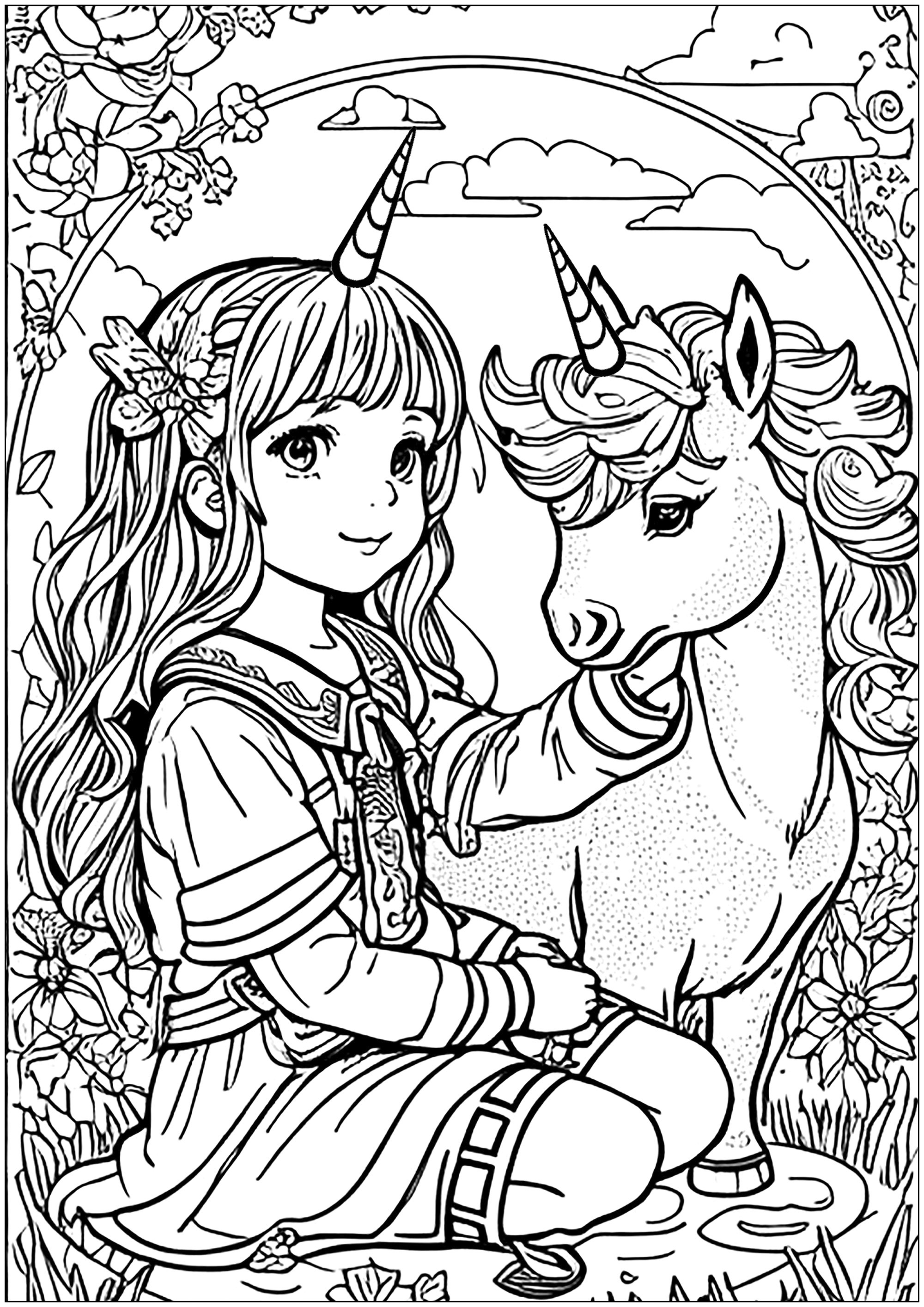 unicorn girl coloring pages easy