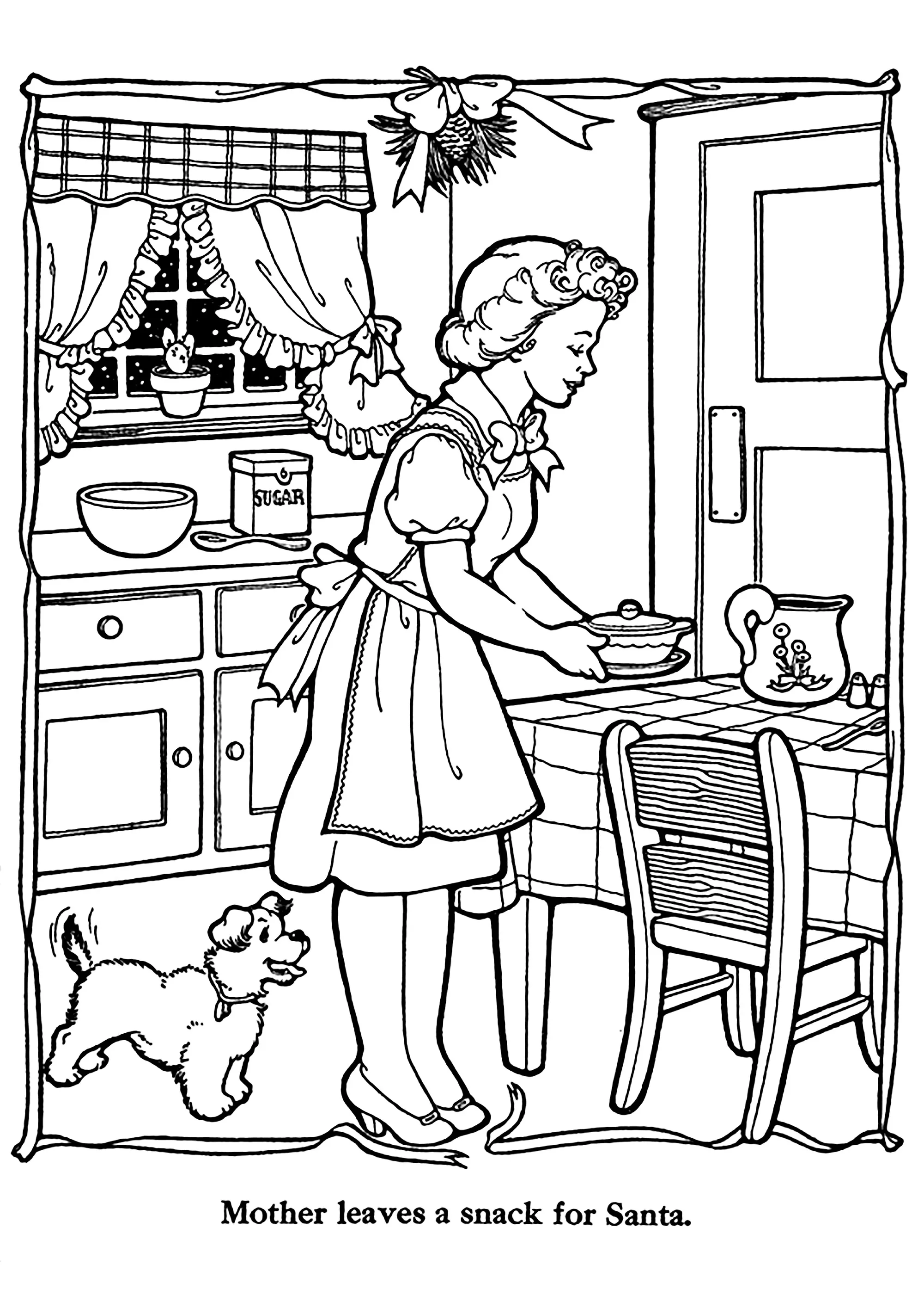 Vintage coloring page showing a mother preparing a small meal for Santa ...