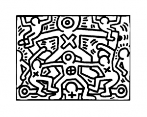 Two figures carrying a heart - Keith Haring Coloring Pages for Kids